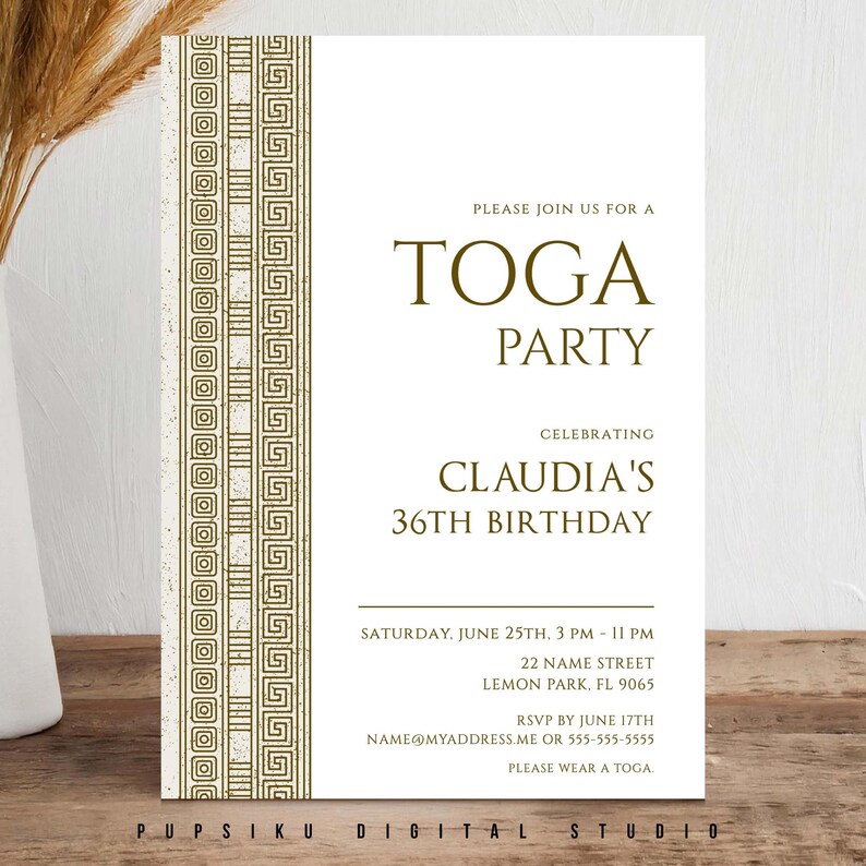 Toga Birthday Party Invitation With Greek Key, 5x7 Editable Card ...