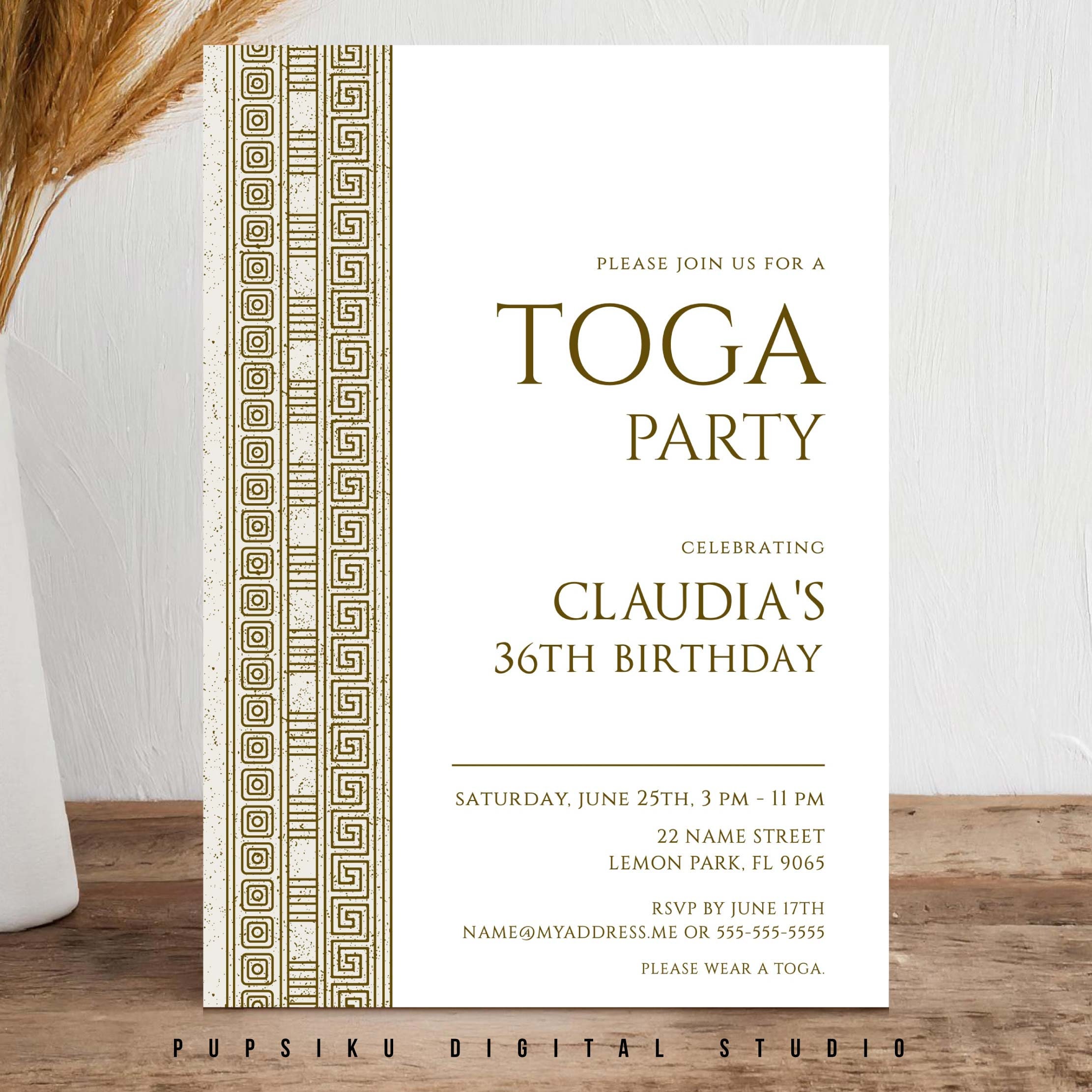 Toga Birthday Party Invitation With Greek Key, 5x7 Editable Card ...
