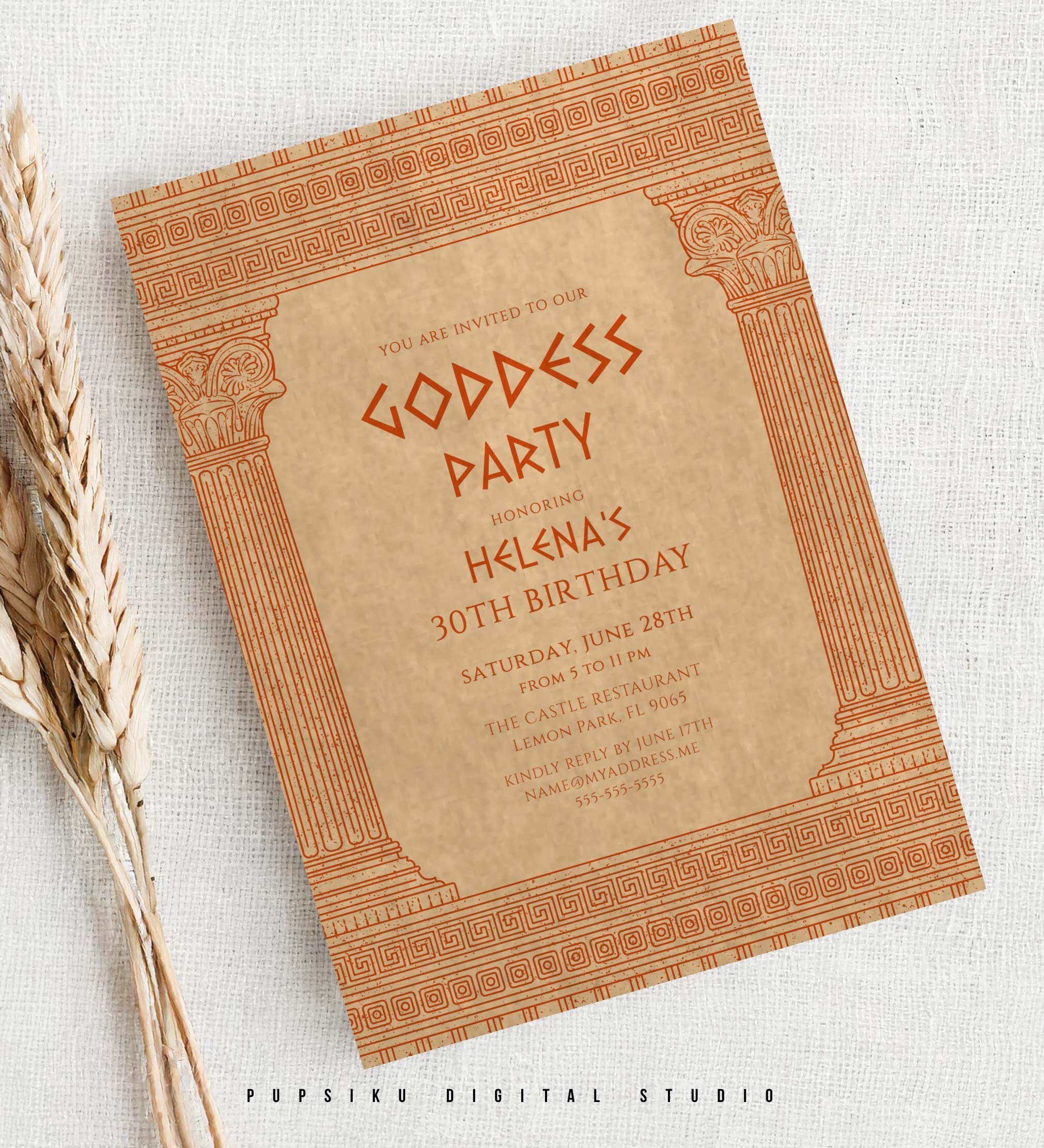 Goddess Party CUSTOM COLORS Invitation, 5x7 Editable Card, Temple ...
