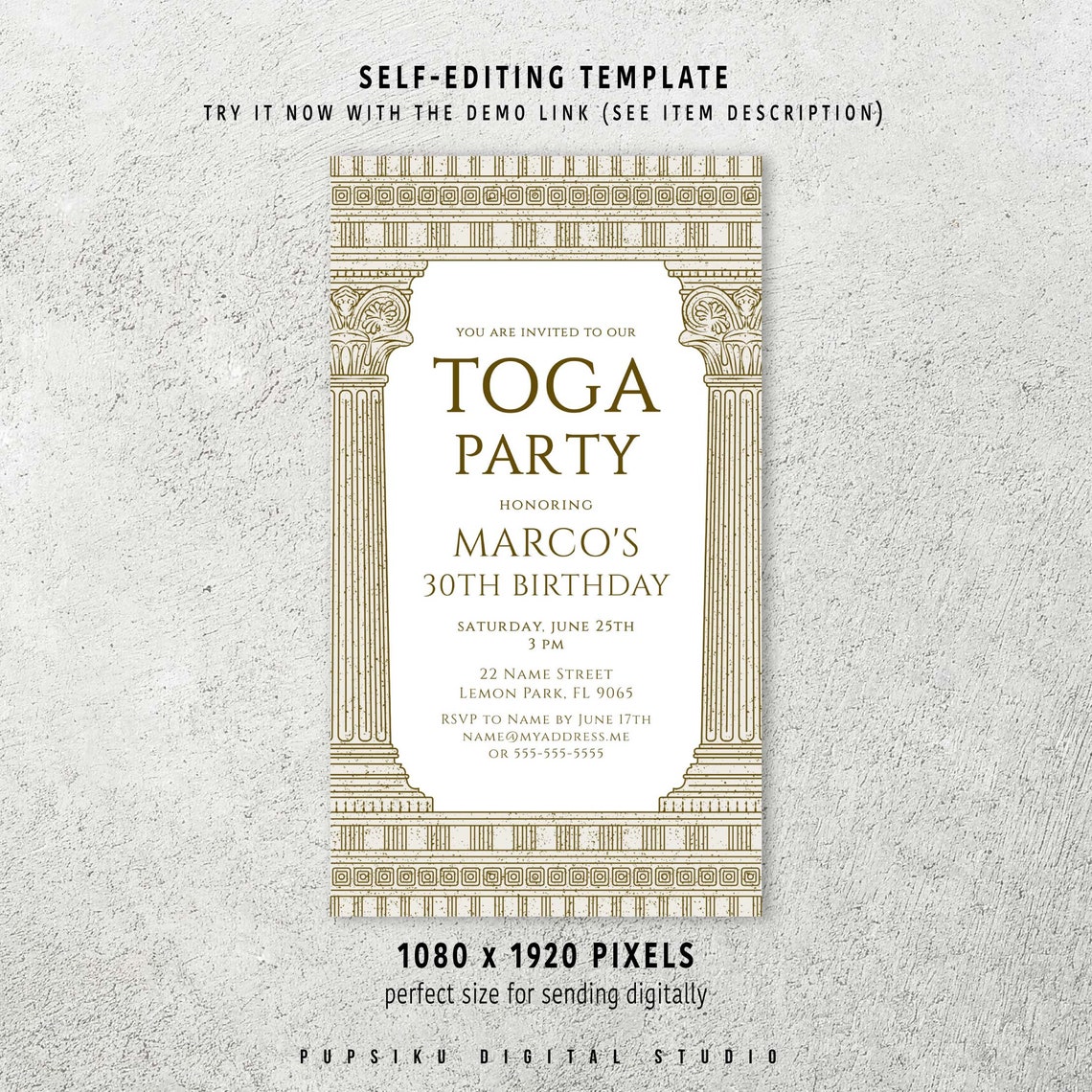 Toga Party Invitation With Temple, 1080x1920px Editable Greece or Rome ...