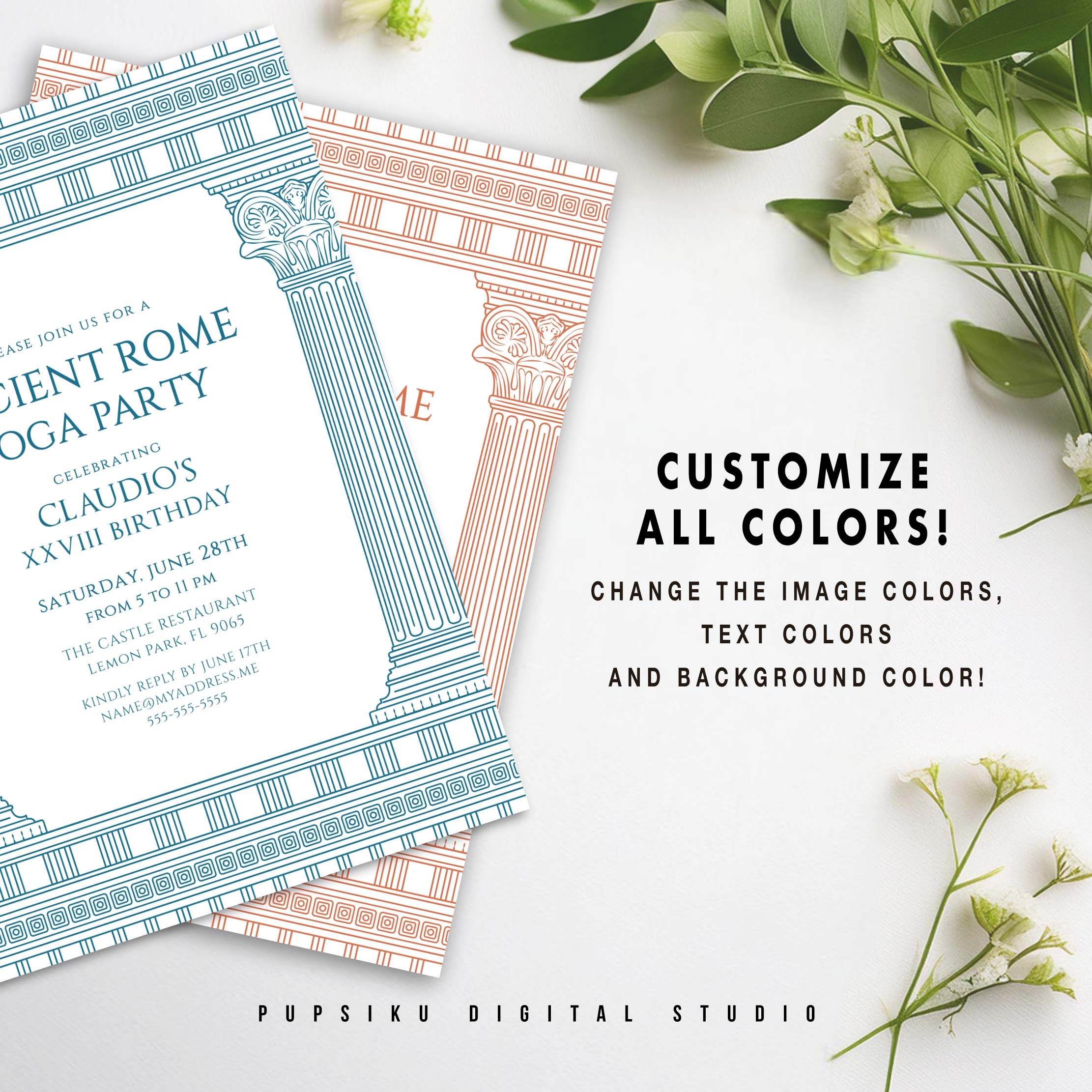 CUSTOM COLORS Roman Party Invitation, 5x7 Editable Template With ...