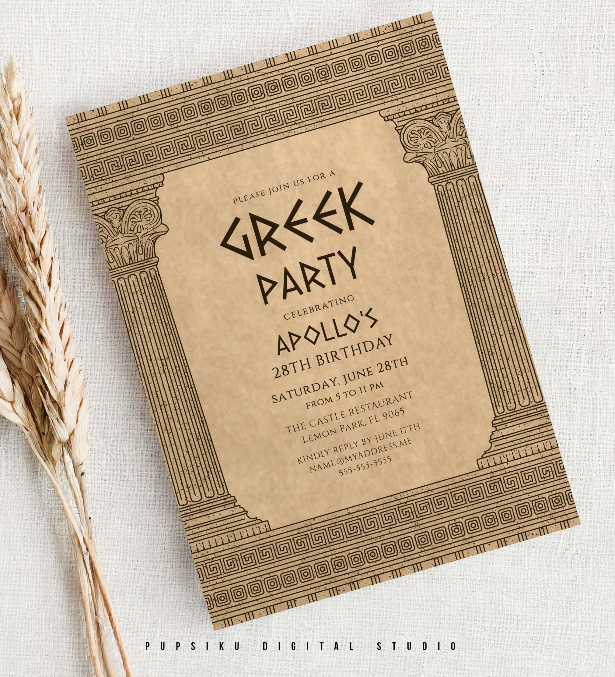 Greek Toga Party Invitation: Temple Columns, Custom Colors Editable 5x7 ...