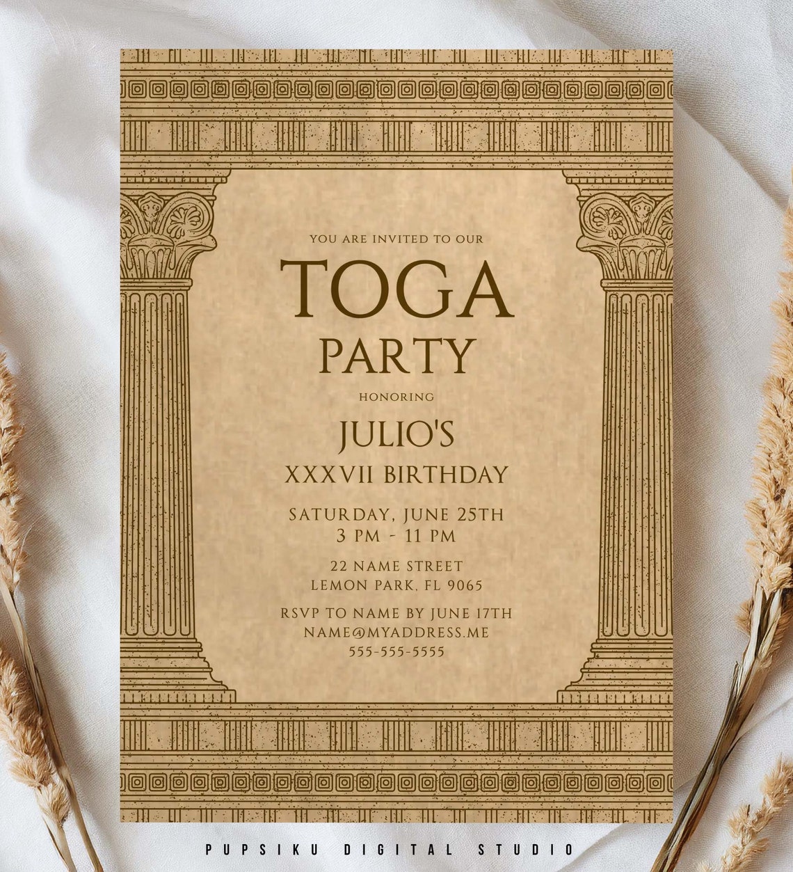 Toga Party Invitation: Greek Temple, Ancient Rome (5x7 Editable Card ...
