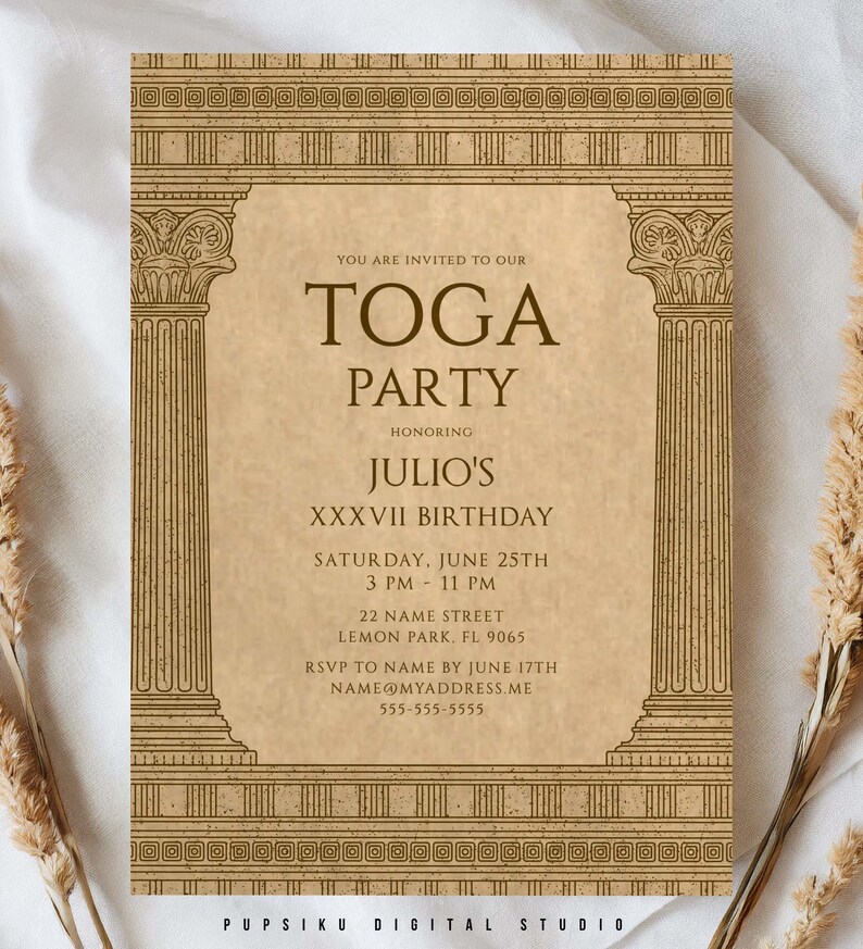 Toga Party Invitation, 5x7 Editable Card With Greek Temple for a ...