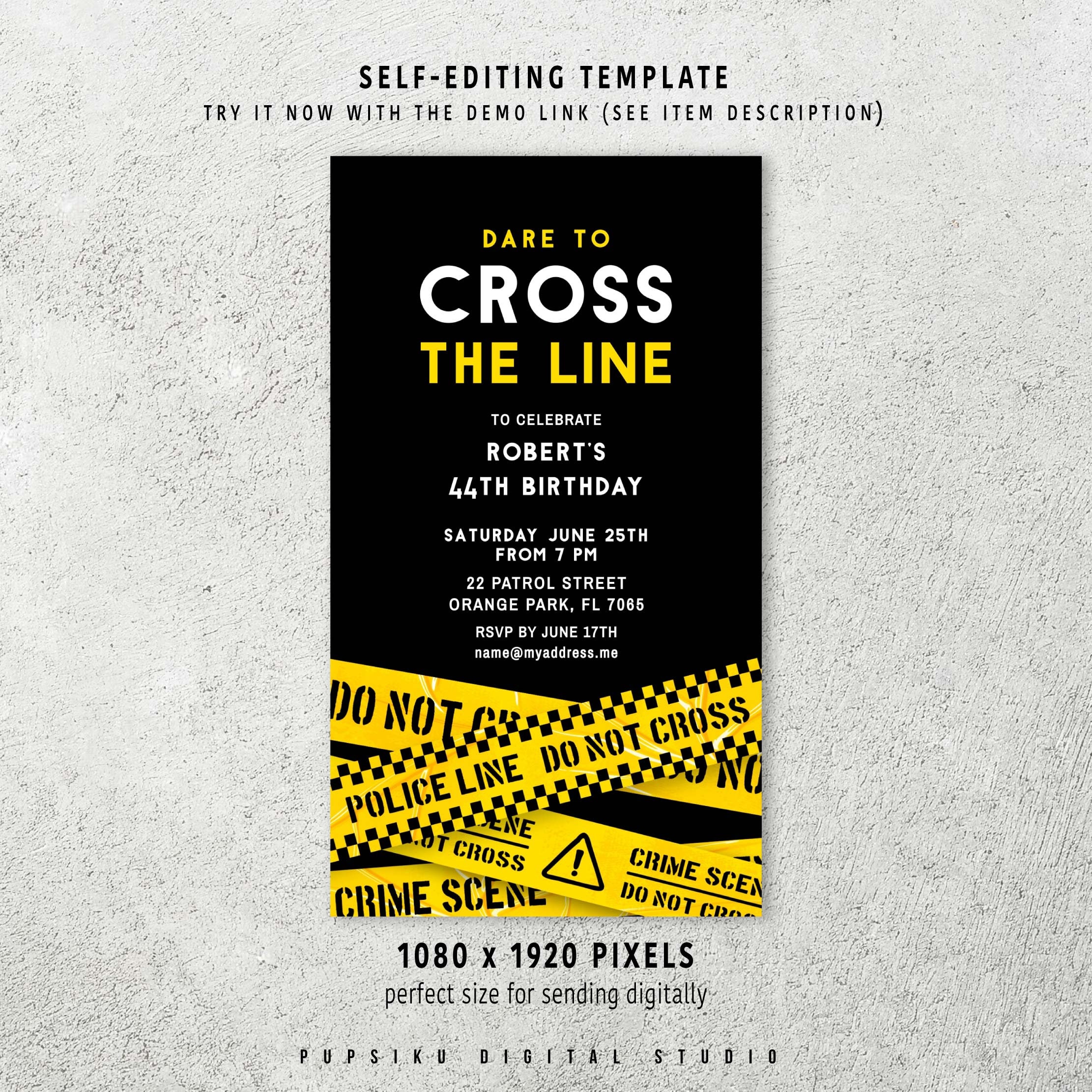 Police Party Electronic Invitation, Dare to Croos the Line, Editable ...
