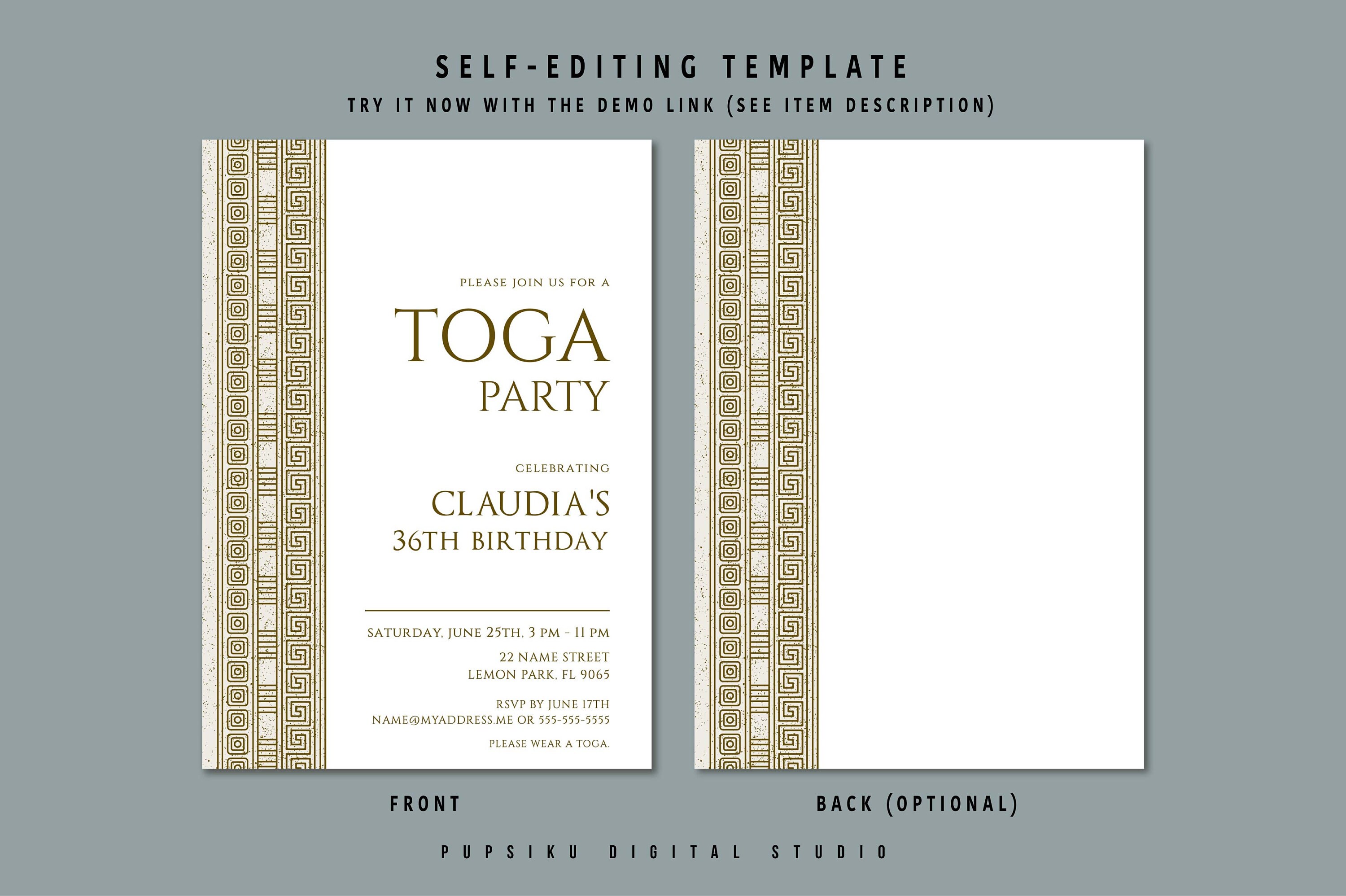 Toga Birthday Party Invitation With Greek Key 5x7 Editable - Etsy