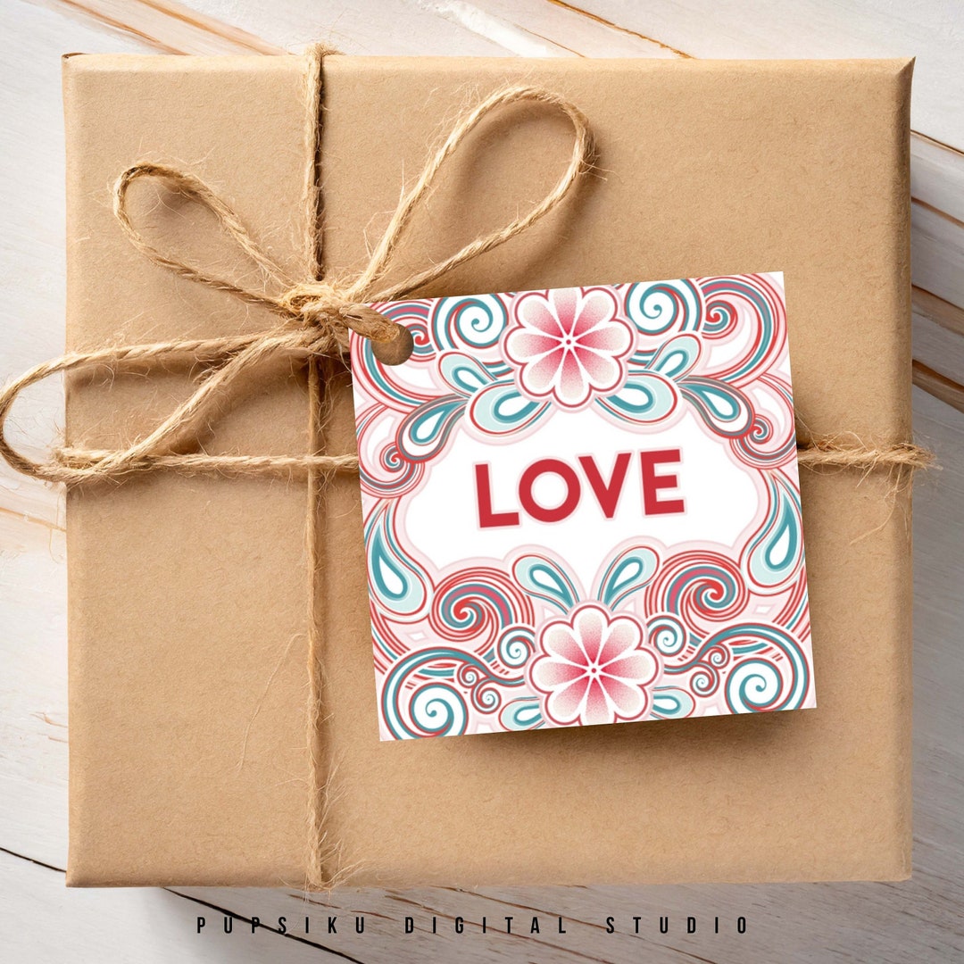 Boho Love READY-TO-PRINT Gift Tag With Flowers and Swirls, Retro 2x2 ...