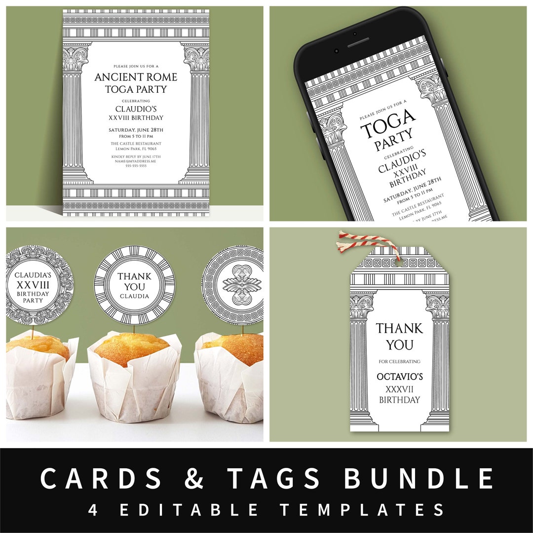 CUSTOM COLORS Toga Party Cards and Tags Bundle, 4 X Temple Editable ...