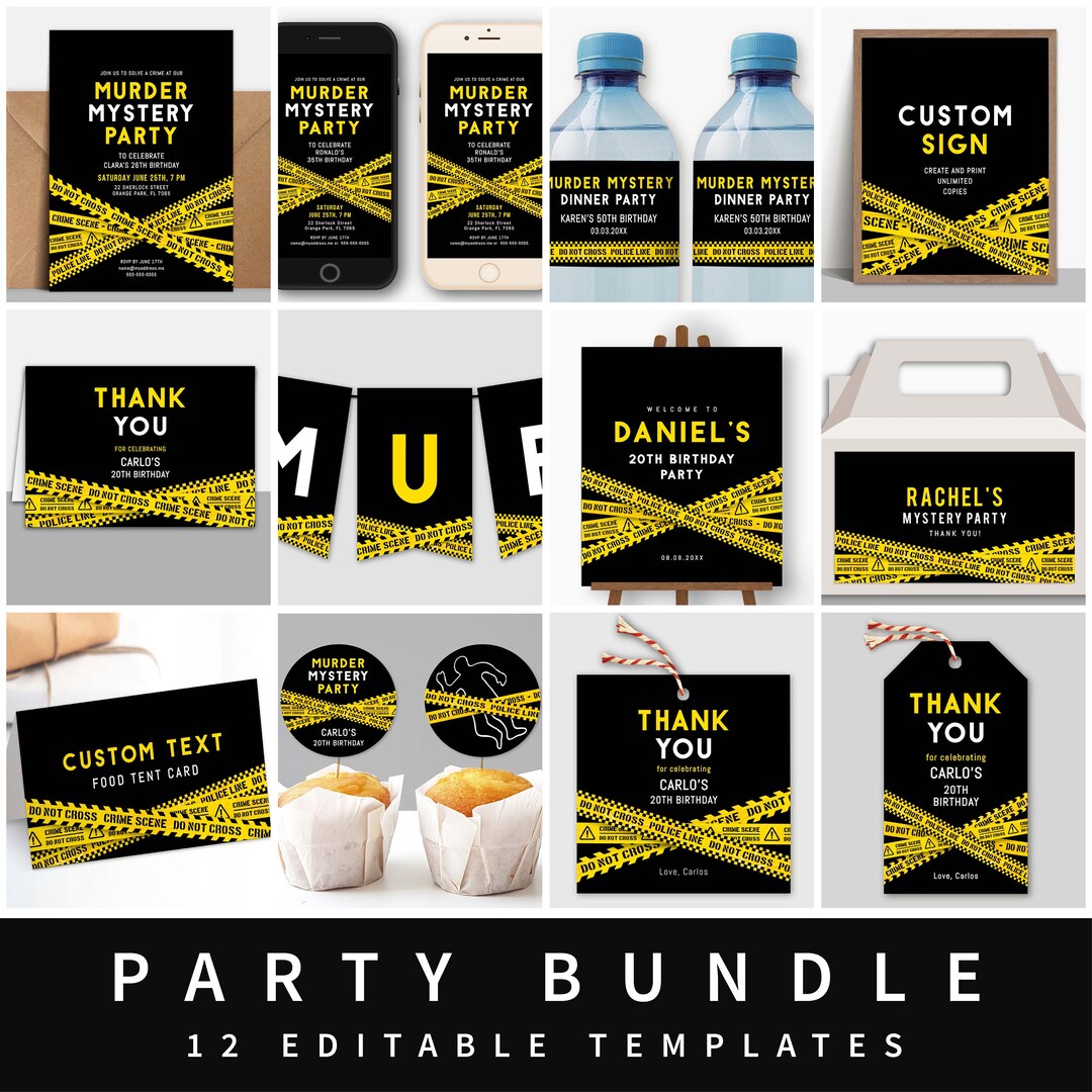Police Party Bundle, 12 X Editable Mystery Party Templates With Yellow ...