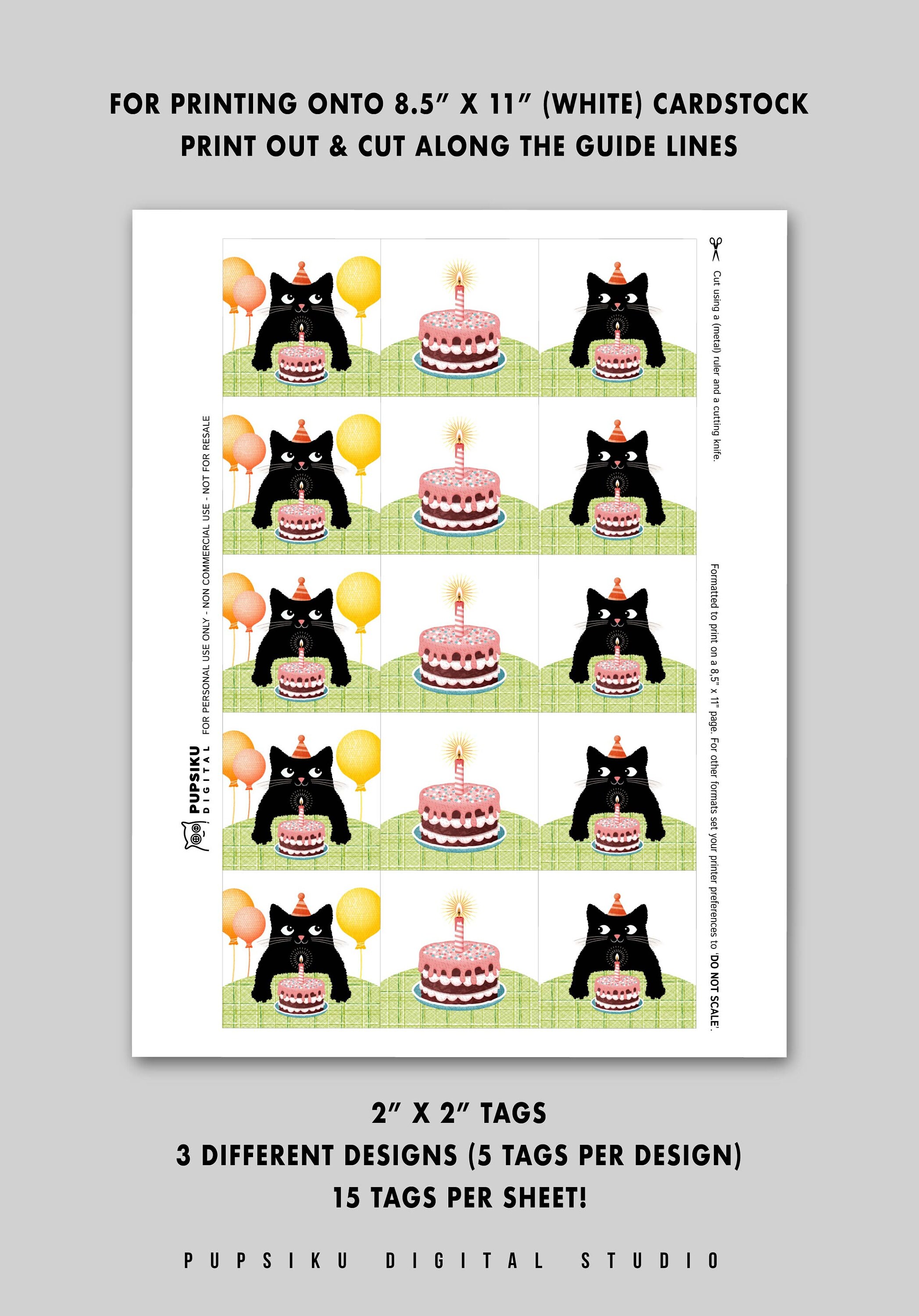 Cat Birthday Party PRINTABLE Gift Tags With Cake and Party Balloons ...