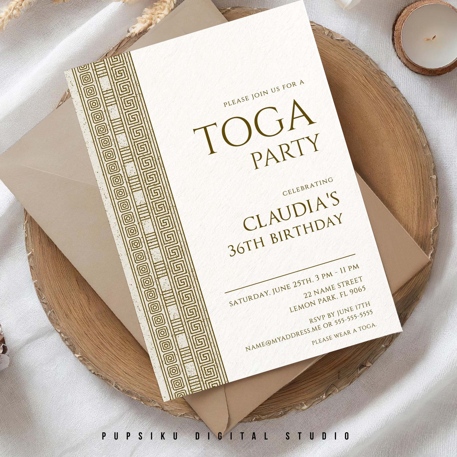 Toga Birthday Party Invitation With Greek Key, 5x7 Editable Card ...