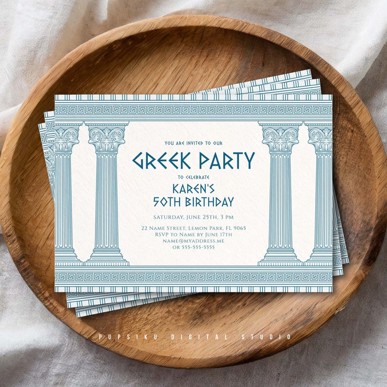 CUSTOM COLORS Greek Party Invitation, 7x5 Editable Card With Temple ...