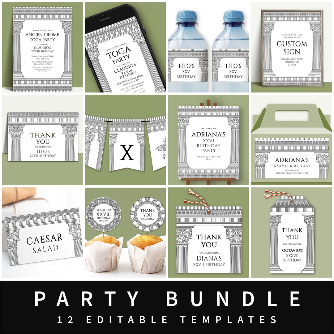 CUSTOM COLORS Toga Party Bundle, 12 X Roman Editable Party Templates ...