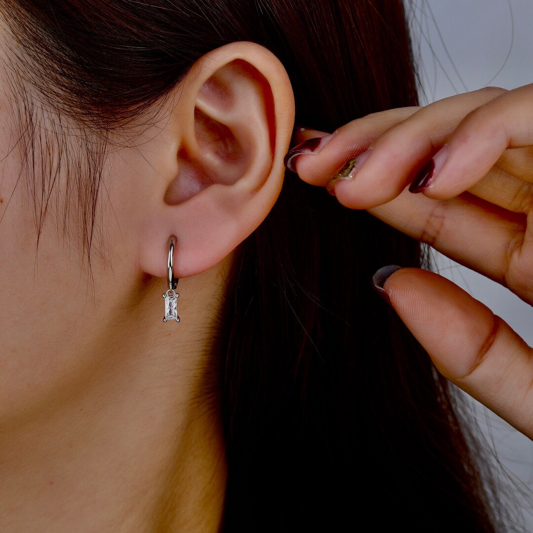 White Stone Drop Hoop, Dainty Rose Gold Huggie Hoop Earrings With Charm ...