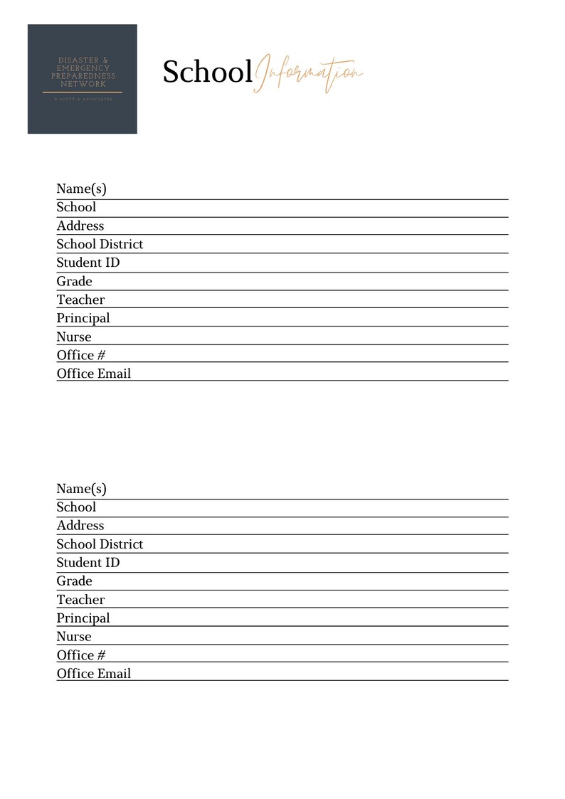 School Information. Children School Information Worksheet. | Etsy