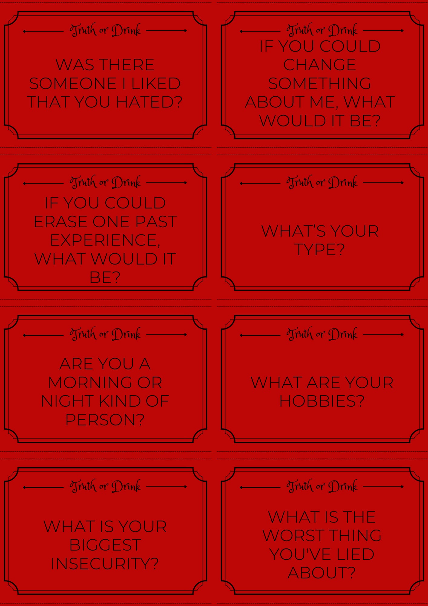 Printable Truth Or Drink Cards