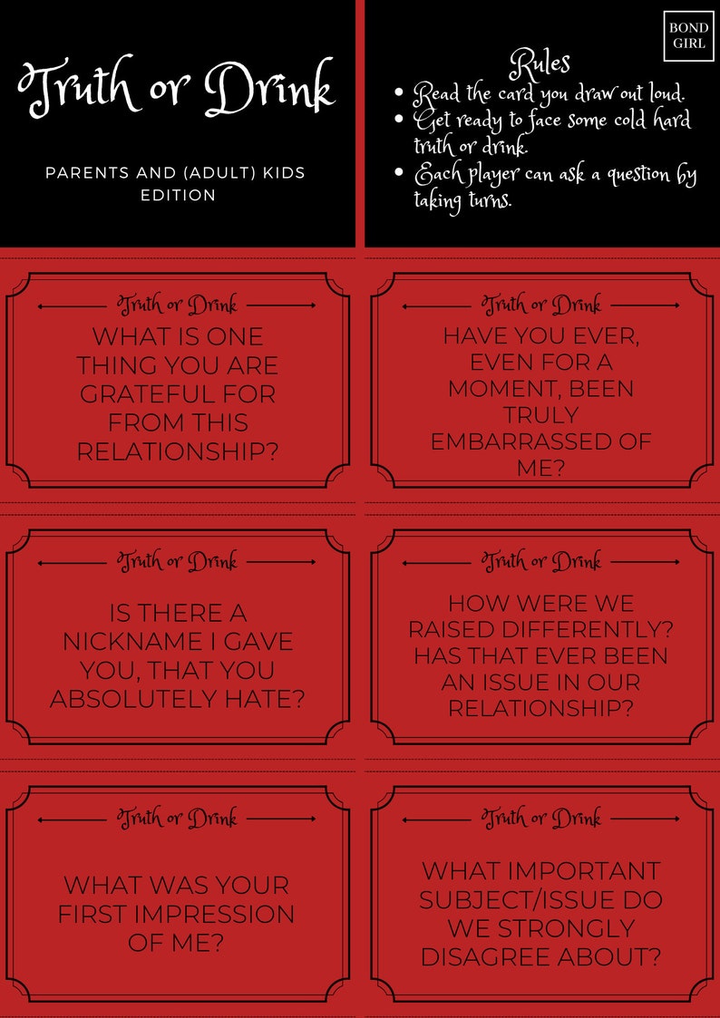 54 Cards of Truth or Drink Parents and adult Kids Edition, Printable ...