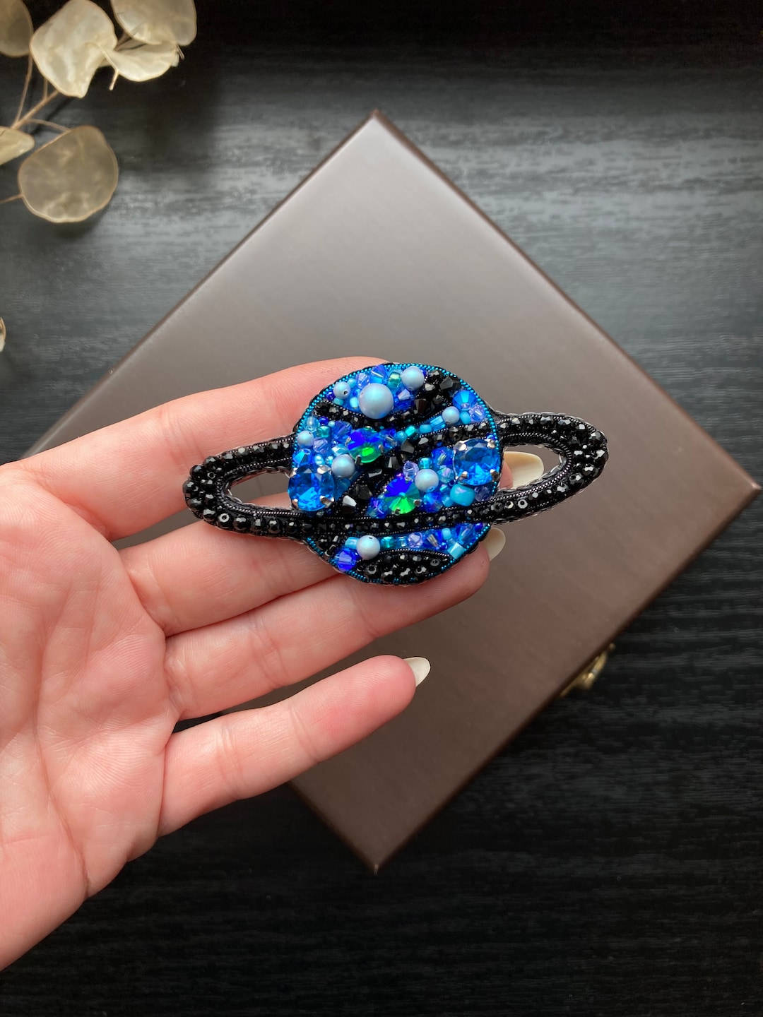 Embroidered Planet Brooch: Sky Blue Black Beaded Handmade Saturn Badge ...
