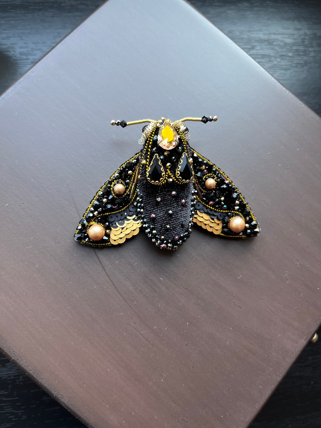 Handmade Moth Brooch,black Gold Moth Brooch,embroidered Insect Pin,moth ...