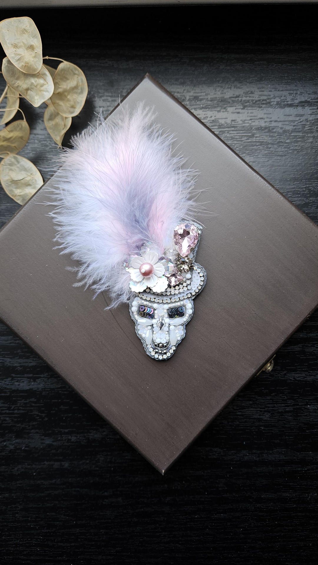 Design Pink Feathered Skull Pin, Skull Collar Accessory, White Skull ...