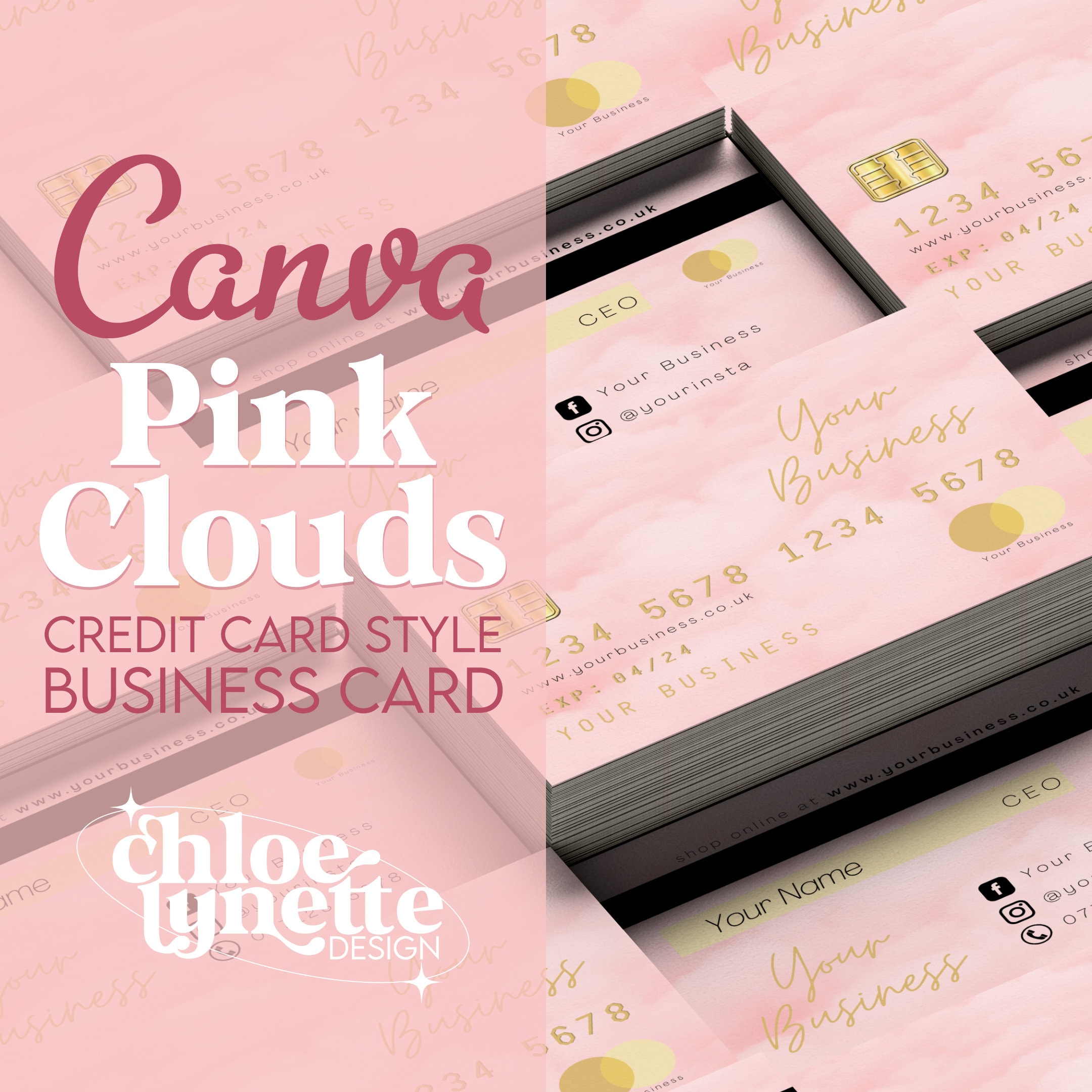Canva Pink Clouds Credit Business Card Template | Gold Credit Card ...