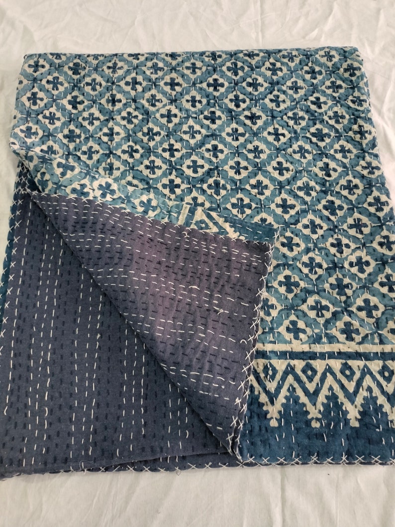 Blue Indigo Kantha Quilt: Hand Block Print Cotton Bedspread - Etsy