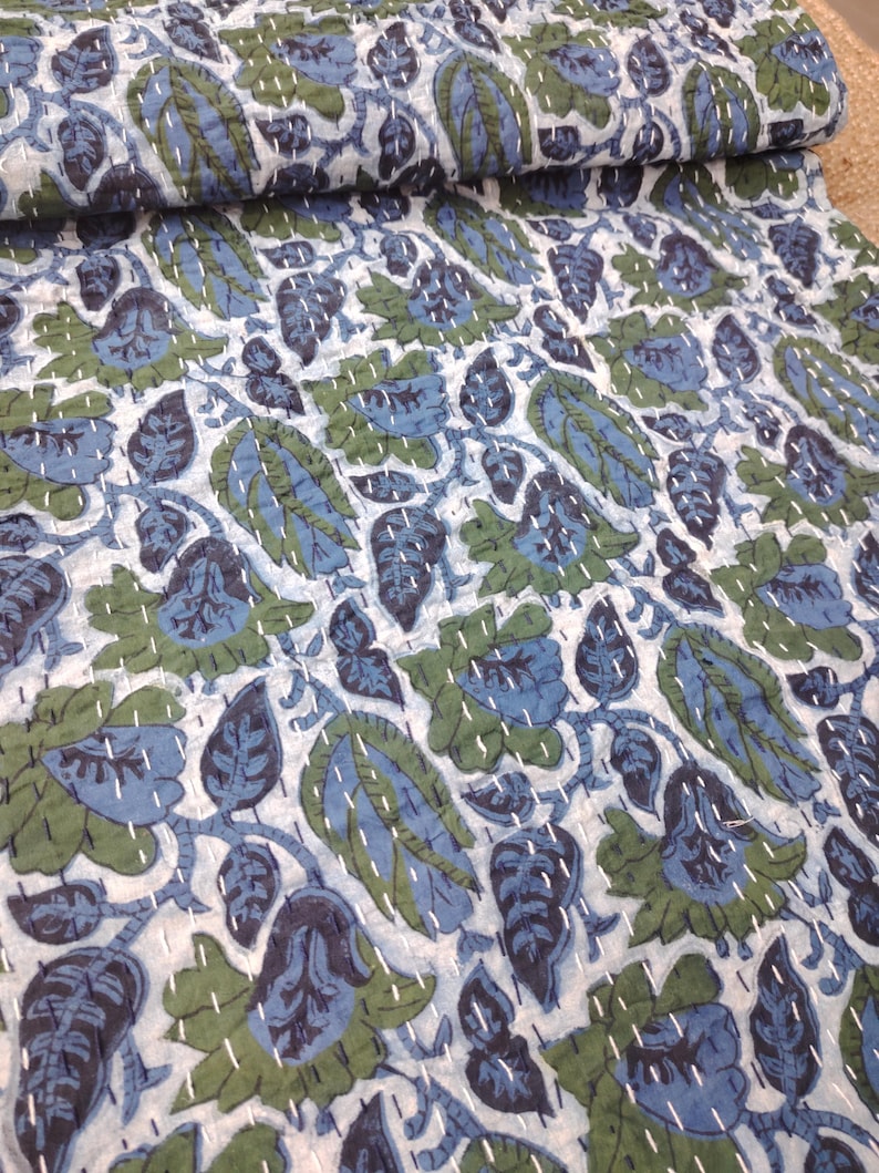 Handmade Floral Kantha Quilt, Blue Green Leaf Cotton Bedspread, Boho ...