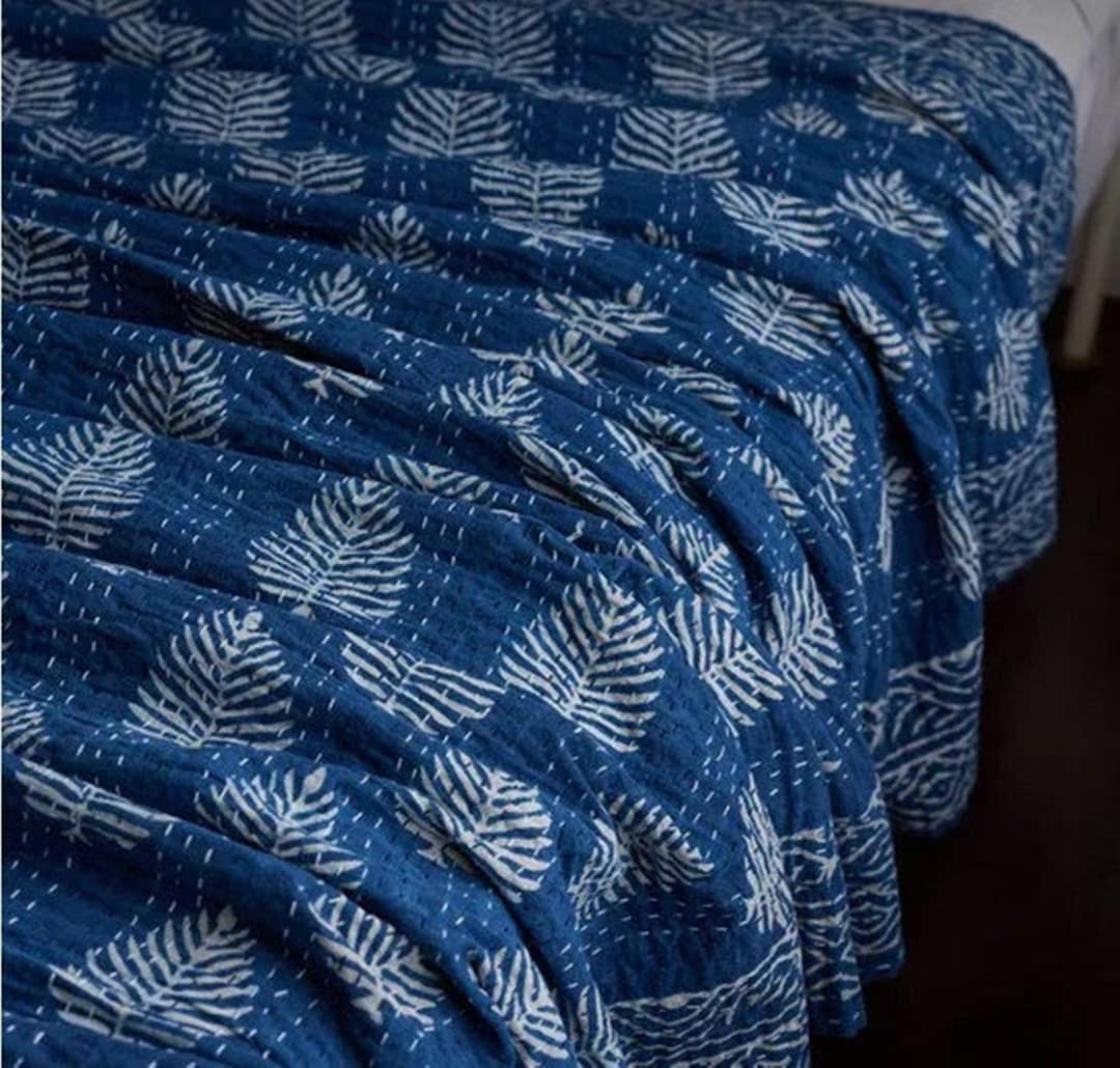 Indigo Blue Floral Print Kantha Quilt, Hand-stitched Cotton King Size ...