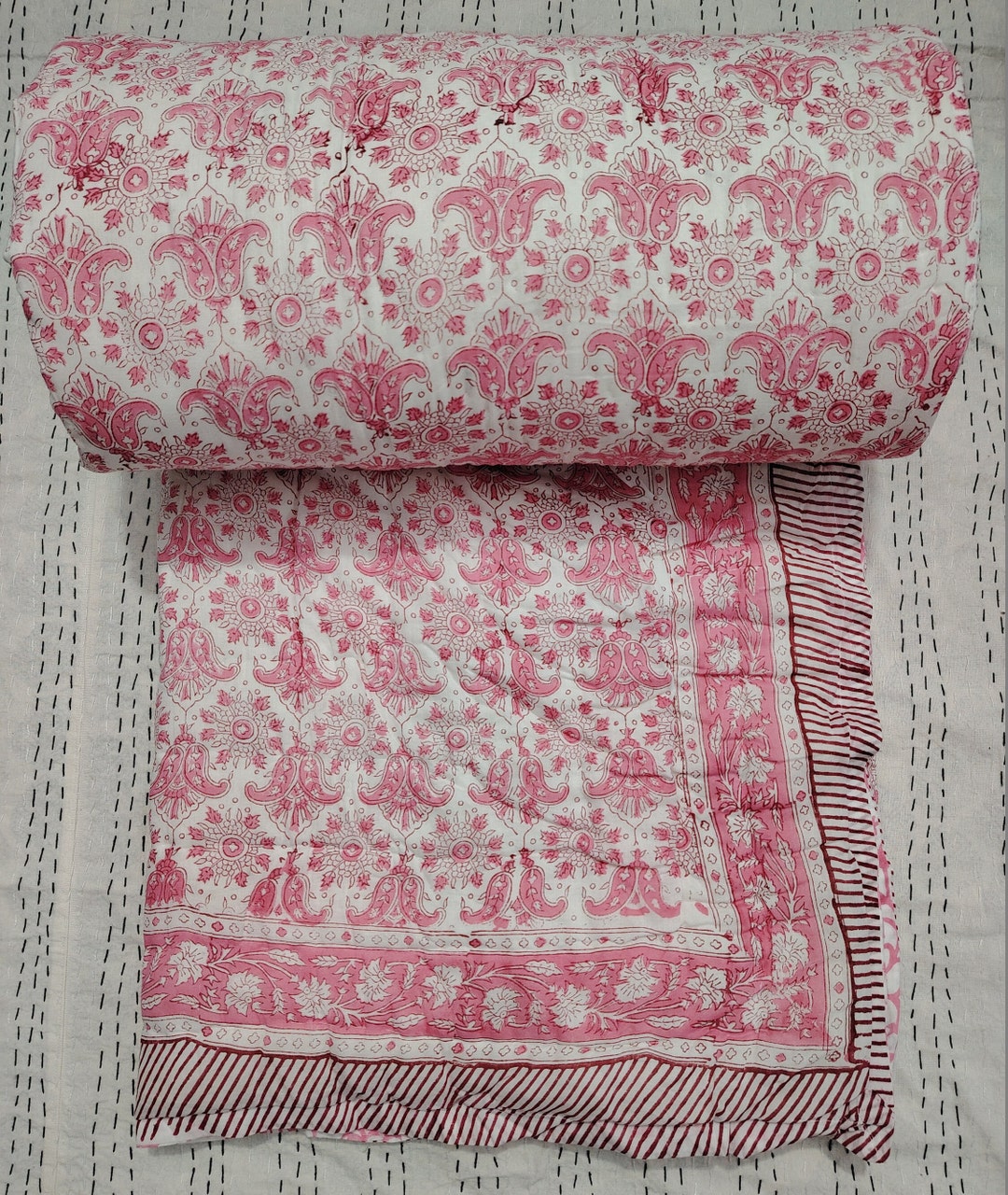 Pink Color Organic Cotton Handmade Quilted Razai, Floral Block Print ...