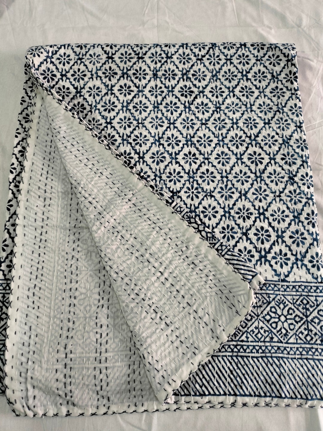 Indian Block Print Kantha Blue Bedspread King Size Quilts Hand Stitched ...