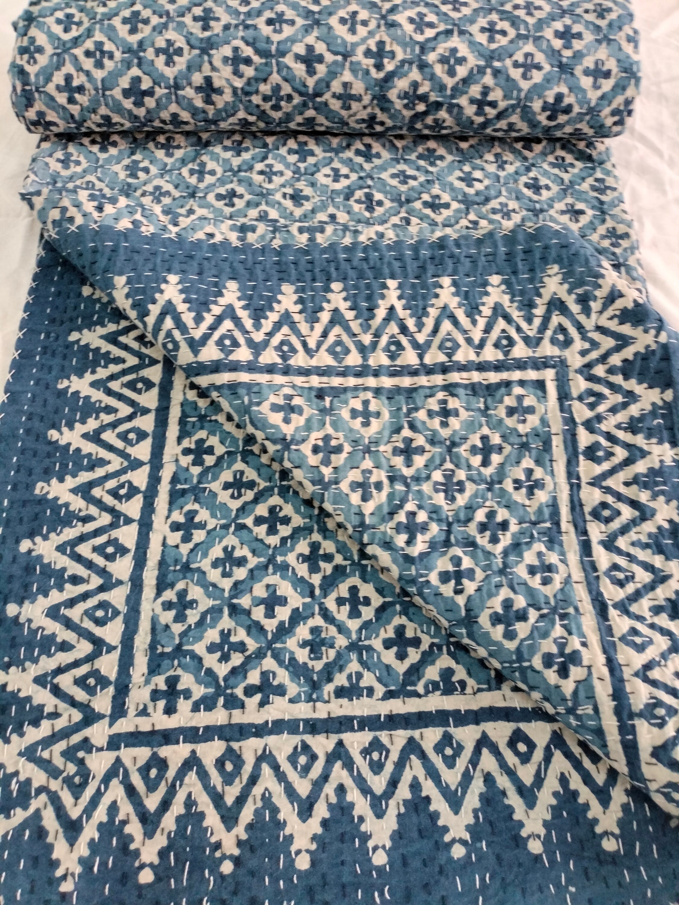 Blue Indigo Kantha Quilt: Hand Block Print Cotton Bedspread - Etsy