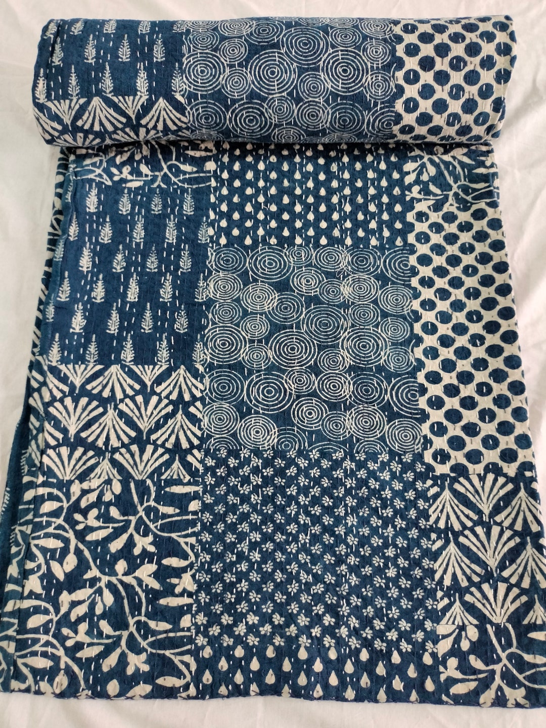 Kantha Bed Cover, Natural Indigo Blue Cotton Throw Quilt Block Print ...