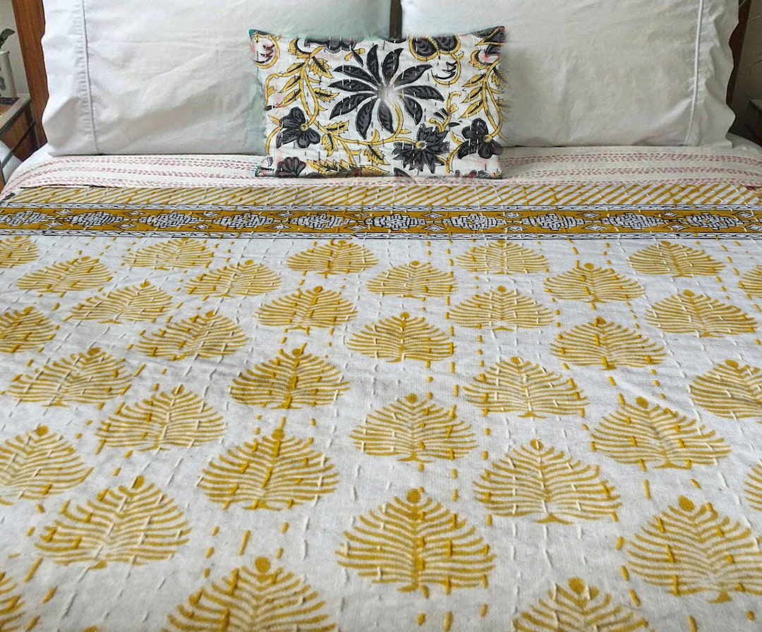 Quilt Indian Leaf Kantha Quilt Yellow Golden Leaf Handblock Print ...