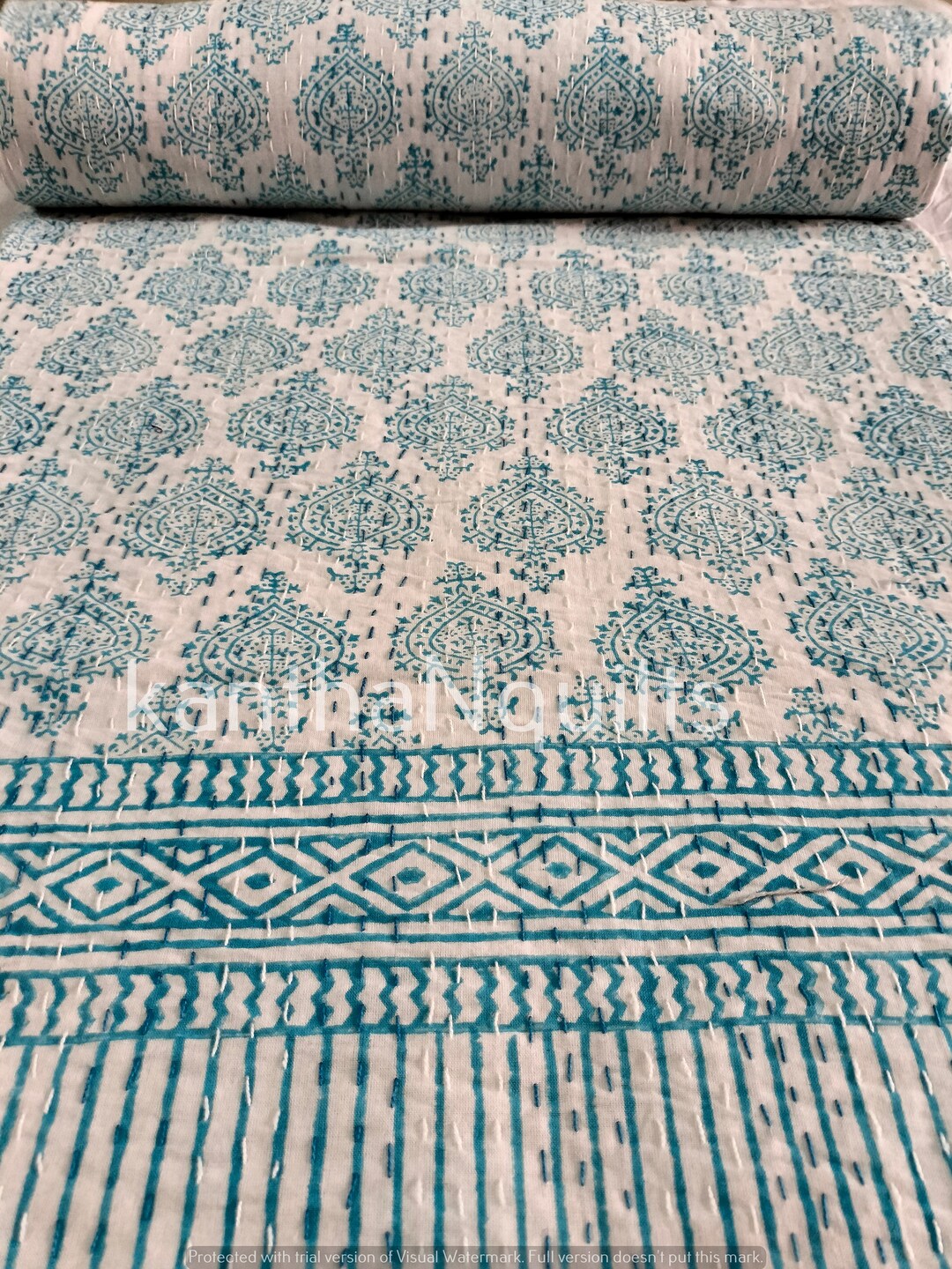 Indian Kantha Quilt Turquoise Block Print Floral Kantha Turquoise ...