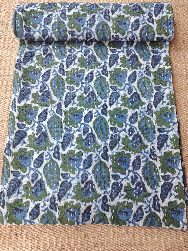 Handmade Floral Kantha Quilt, Blue Green Leaf Cotton Bedspread, Boho ...