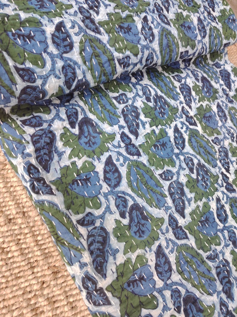 Handmade Floral Kantha Quilt, Blue Green Leaf Cotton Bedspread, Boho ...