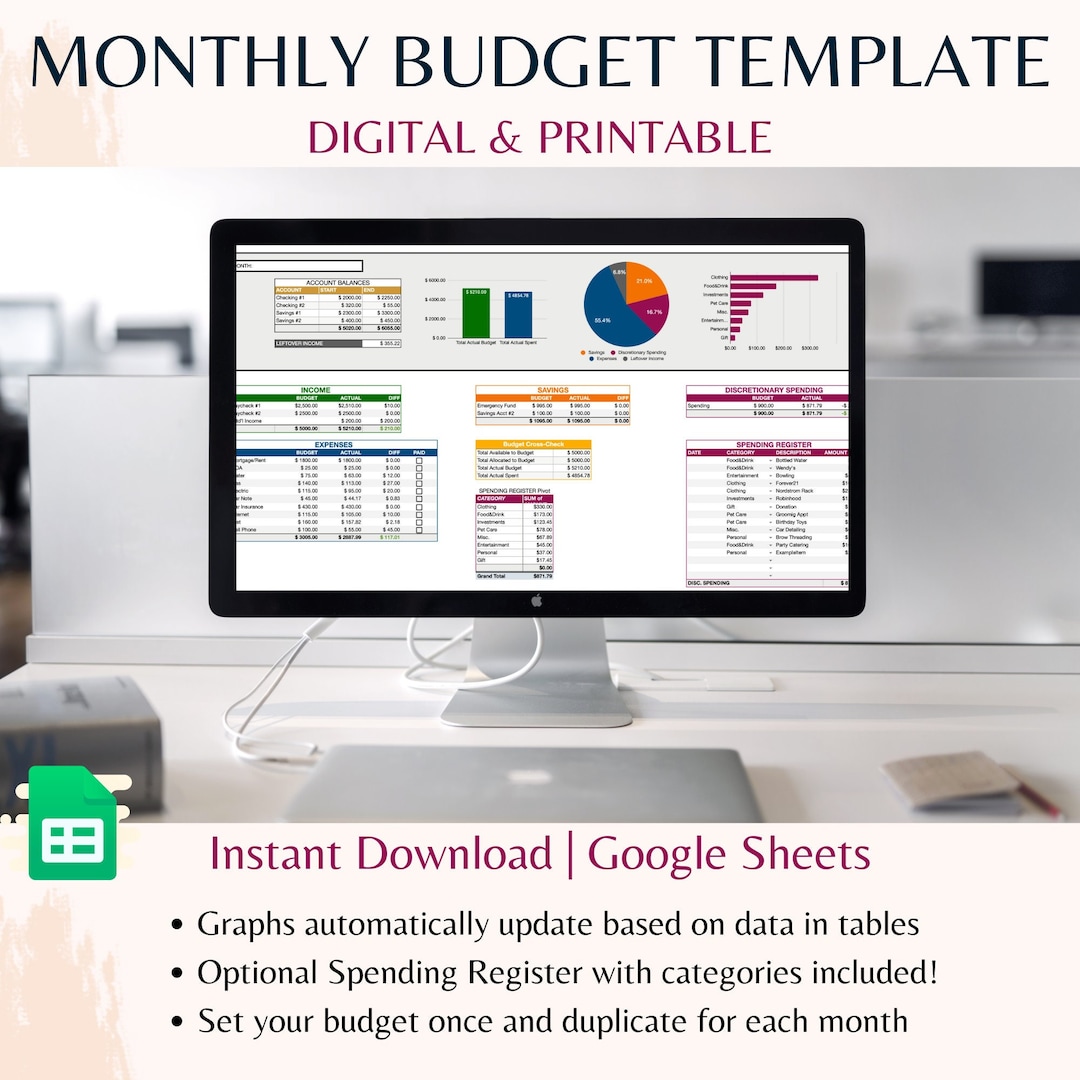 Simple Monthly Budget Template in Google Sheets digital & - Etsy