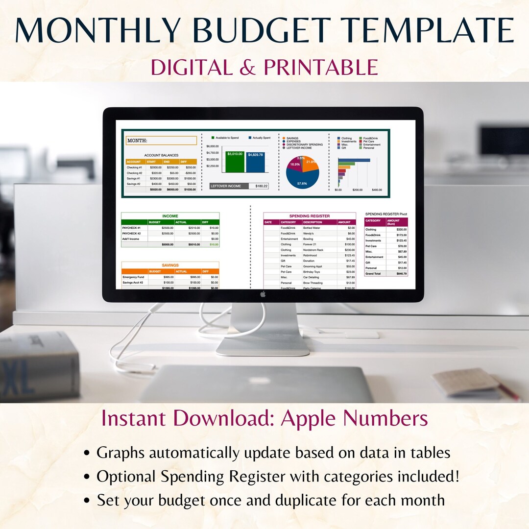 Simple Monthly Budget Template In Apple Numbers Instant Download Etsy