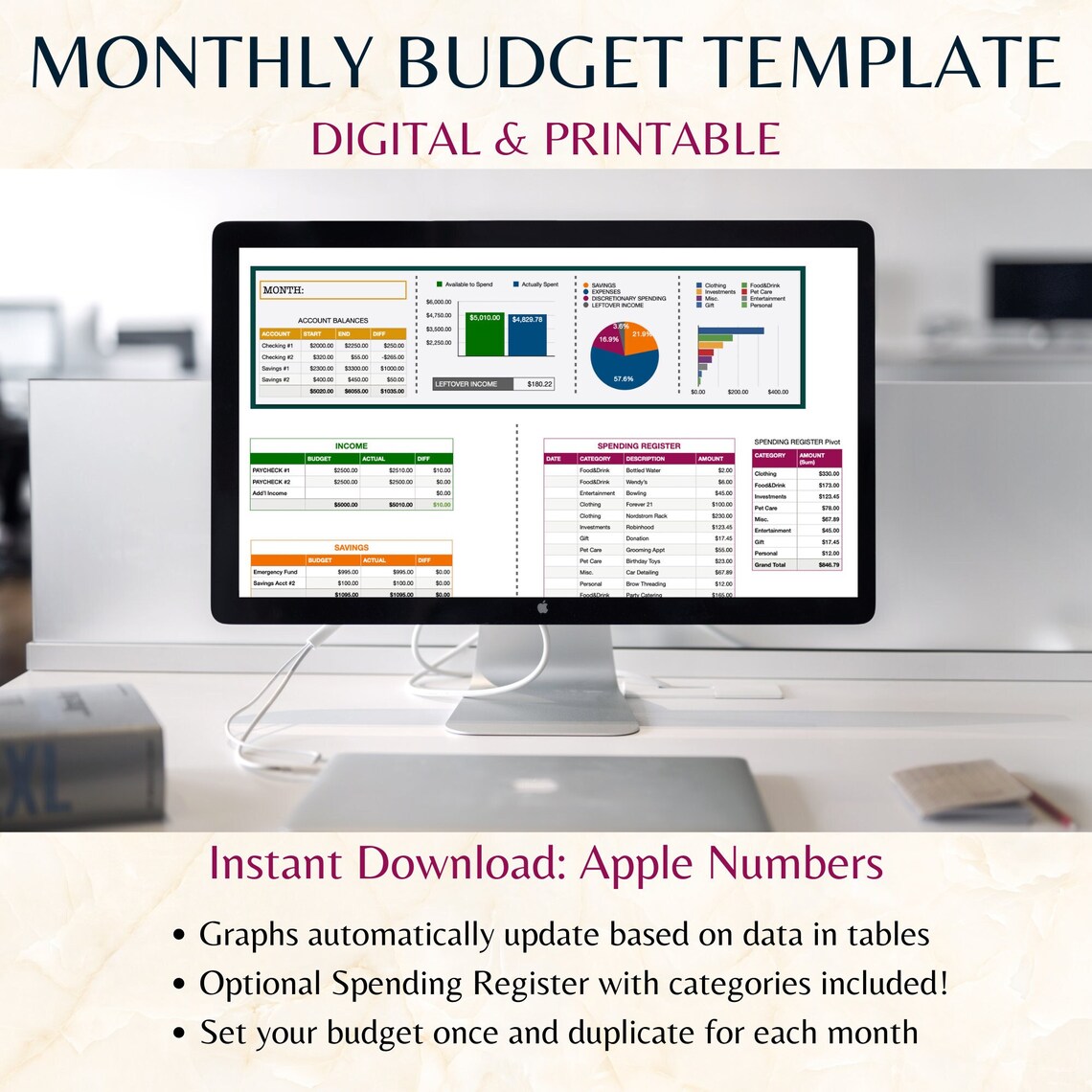 Simple Monthly Budget Template in Apple Numbers | Digital & Printable ...
