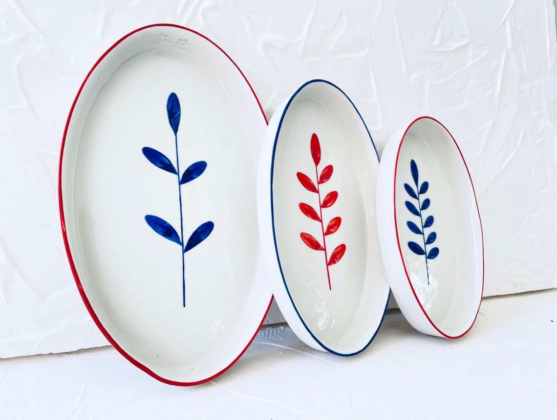 Oval Plate Set of 3, Floral Oval Plate, Handmade Pottery Serving Tray ...