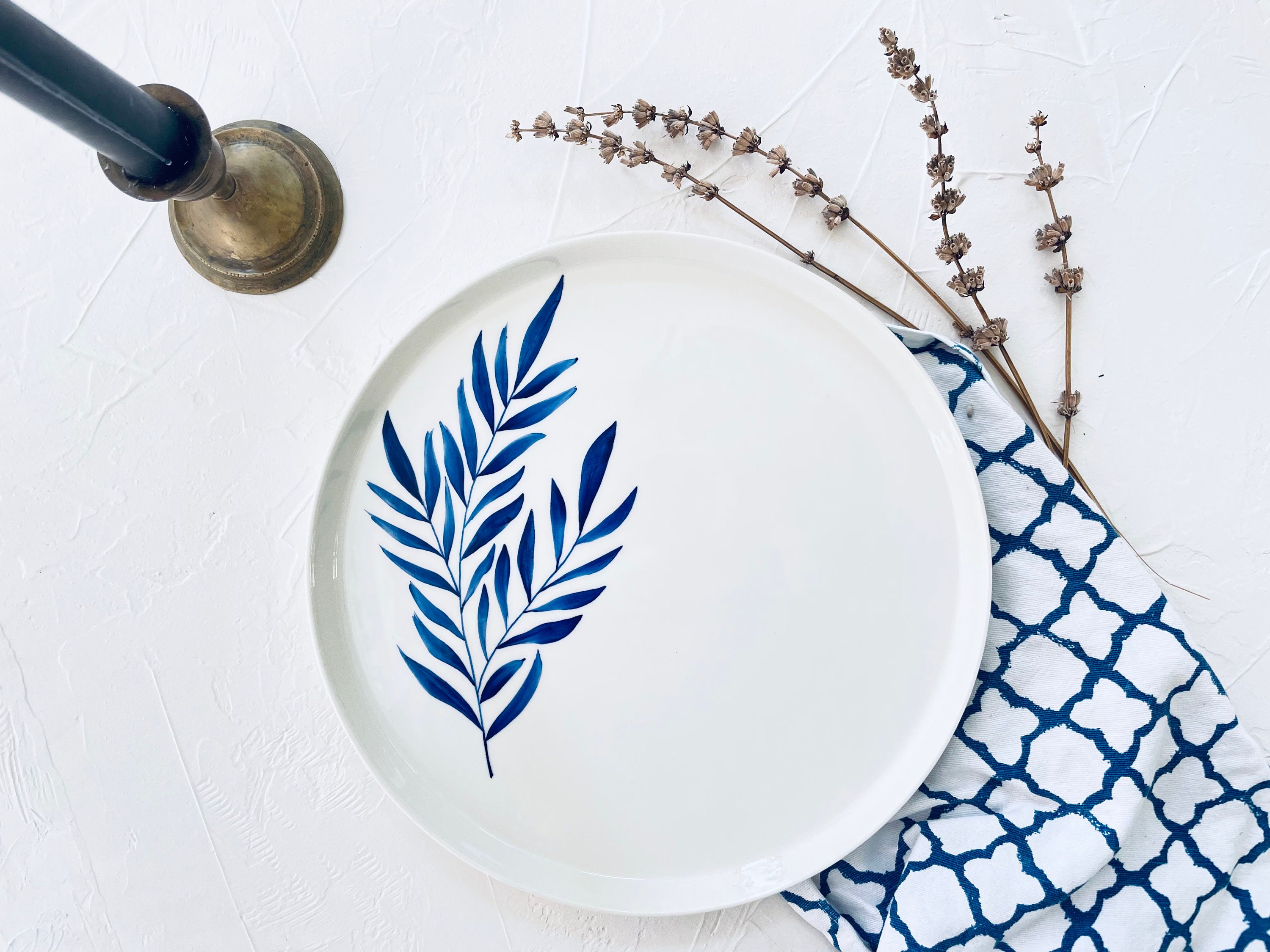 Leaf Painted Plate _ Deep Blue Flower Plate_ Handpainted Dinnerware ...
