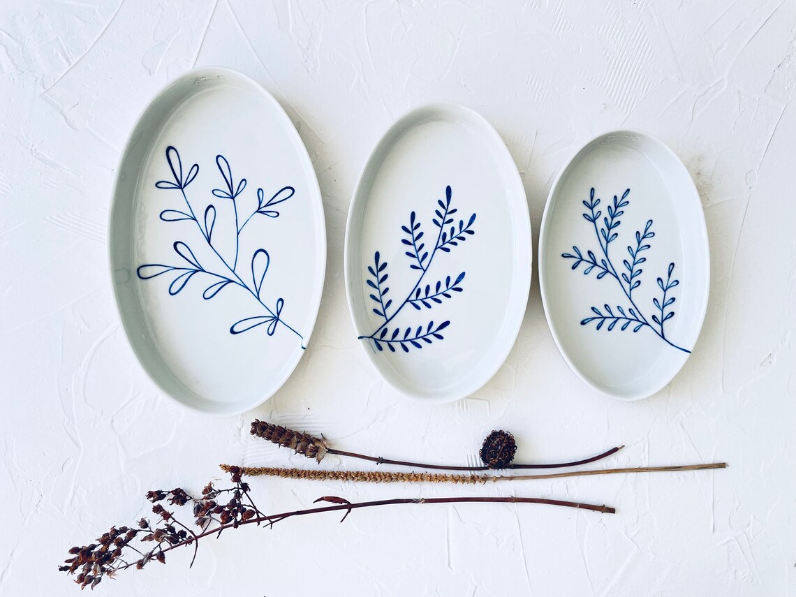 Oval Plate Set of 3, Floral Oval Plate, Handmade Pottery Serving Tray ...