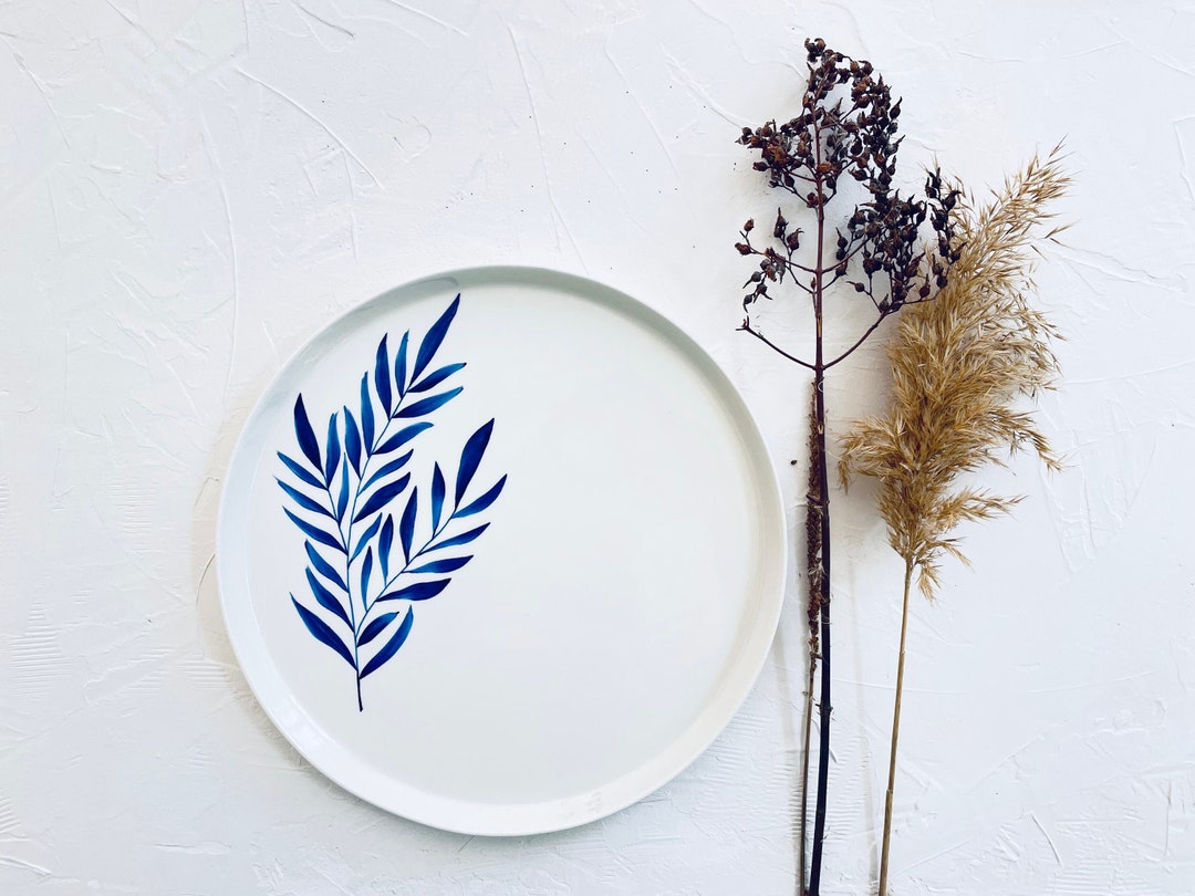 Leaf Painted Plate _ Deep Blue Flower Plate_ Handpainted Dinnerware ...