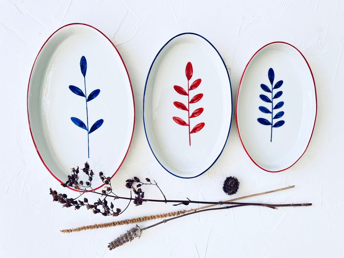 Oval Plate Set of 3, Floral Oval Plate, Handmade Pottery Serving Tray ...