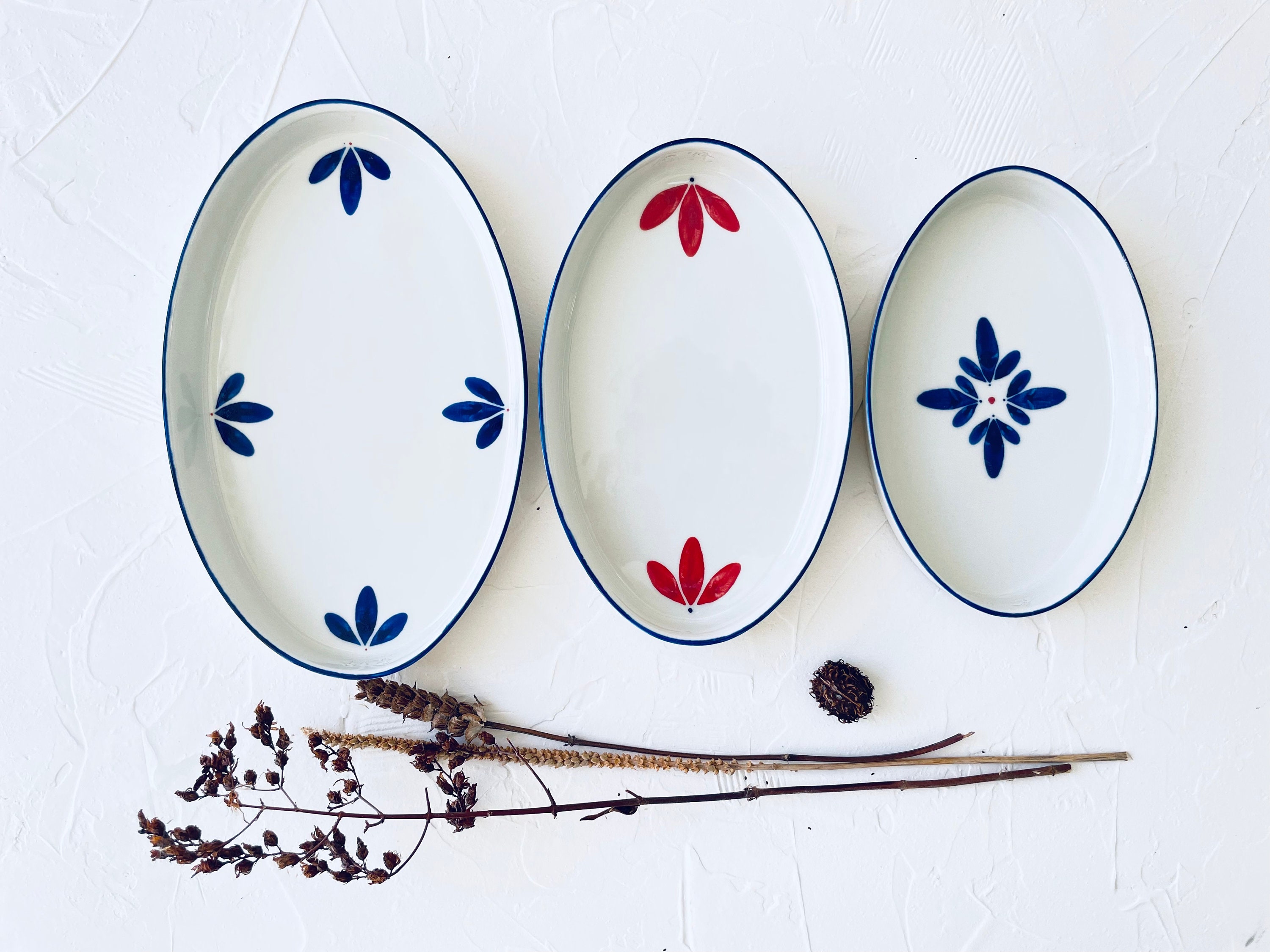 Oval Plate Set of 3, Floral Oval Plate, Handmade Pottery Serving Tray ...