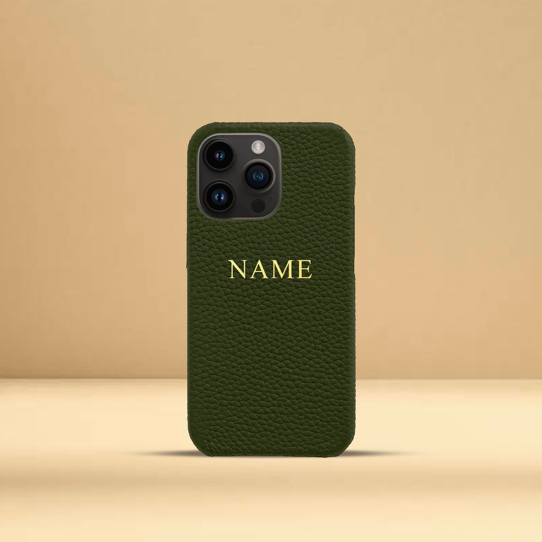 Personalised Army Green Pebble Leather Phone Case for iPhone All Models ...