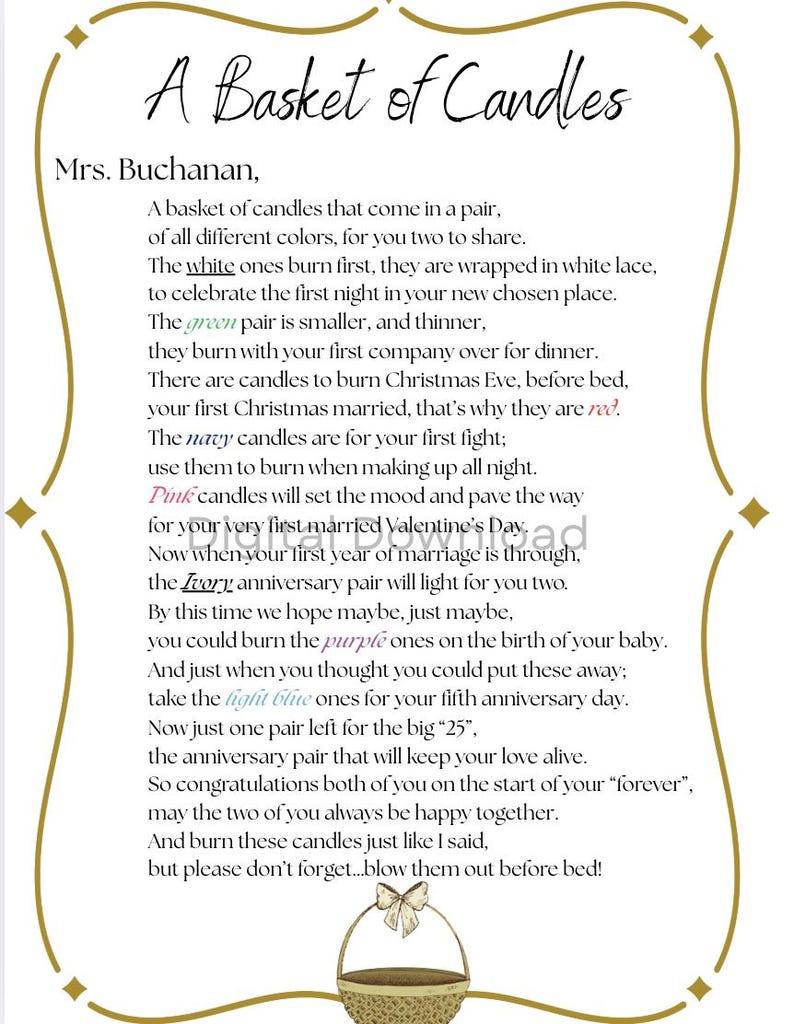Custom Basket of Candles Poem – Personalized Bridal Shower Gift ...