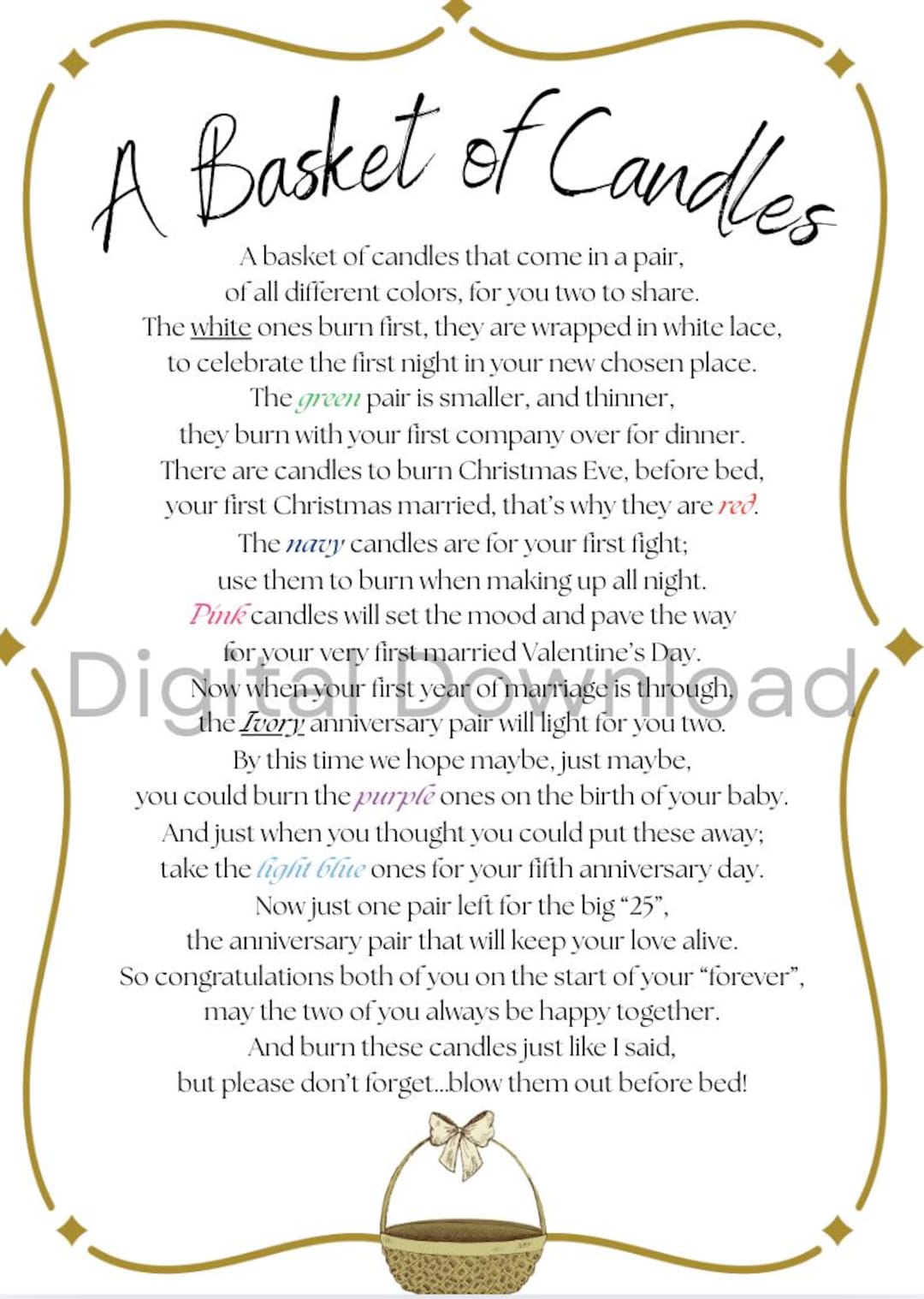 Basket of Candles Poem 8.5x11 PDF – Bridal Shower Keepsake - Etsy