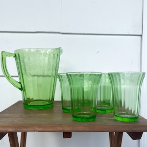 Vintage Green Uranium Depression Glass Flat Pitcher and Set of Six ...