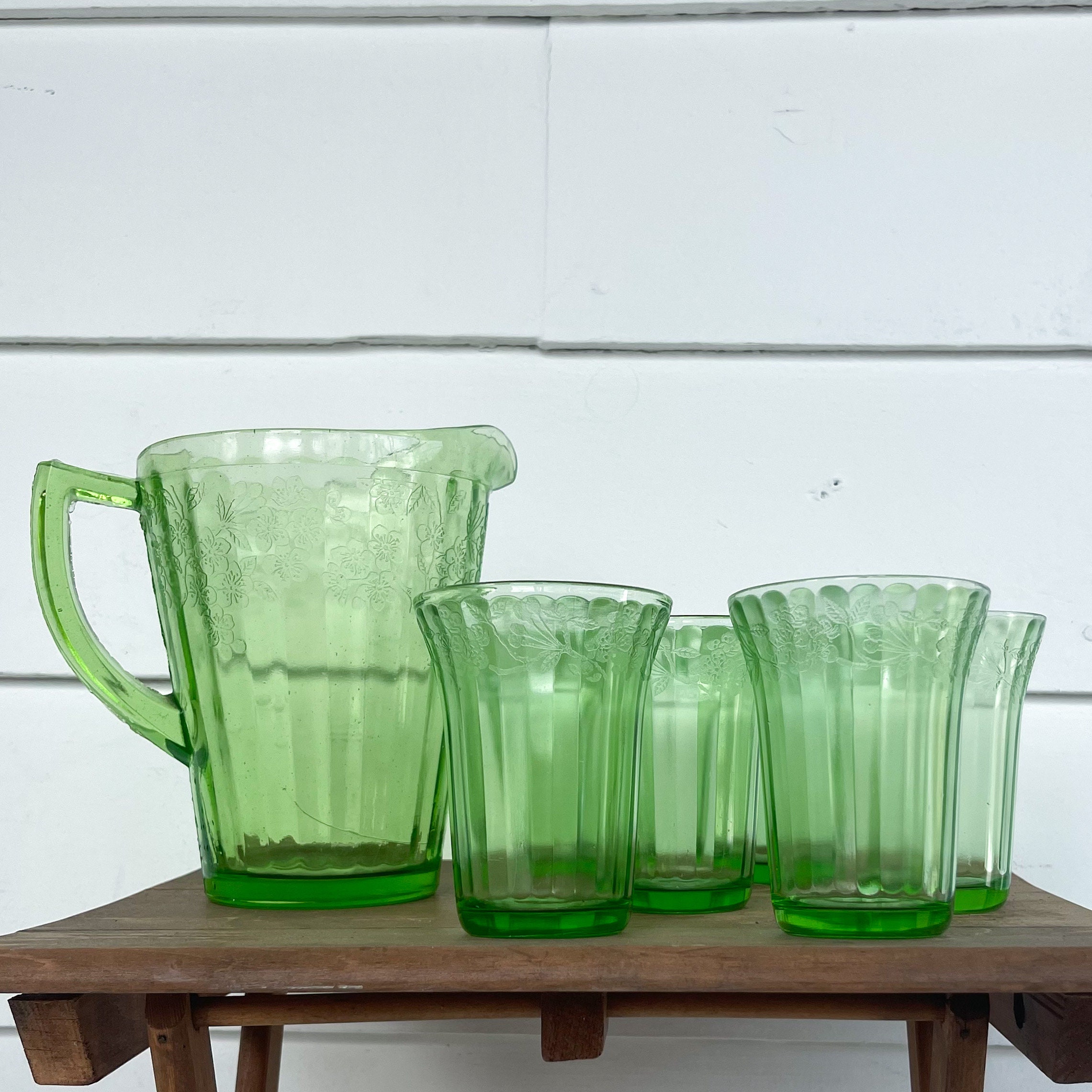 Vintage Green Uranium Depression Glass Flat Pitcher and Set of Six ...